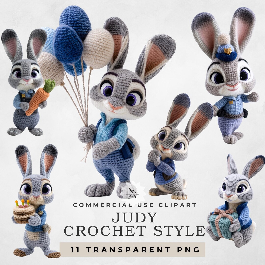 Judy Hopps Crochet Cliparts: Zootopia Watercolor PNG Set (digital ...