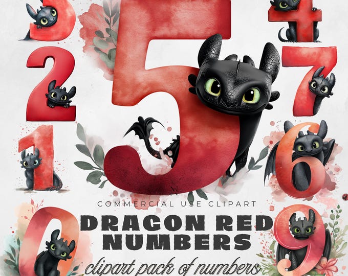 Toothless Dragon Numbers Clipart: Watercolor Red Numerals (digital ...