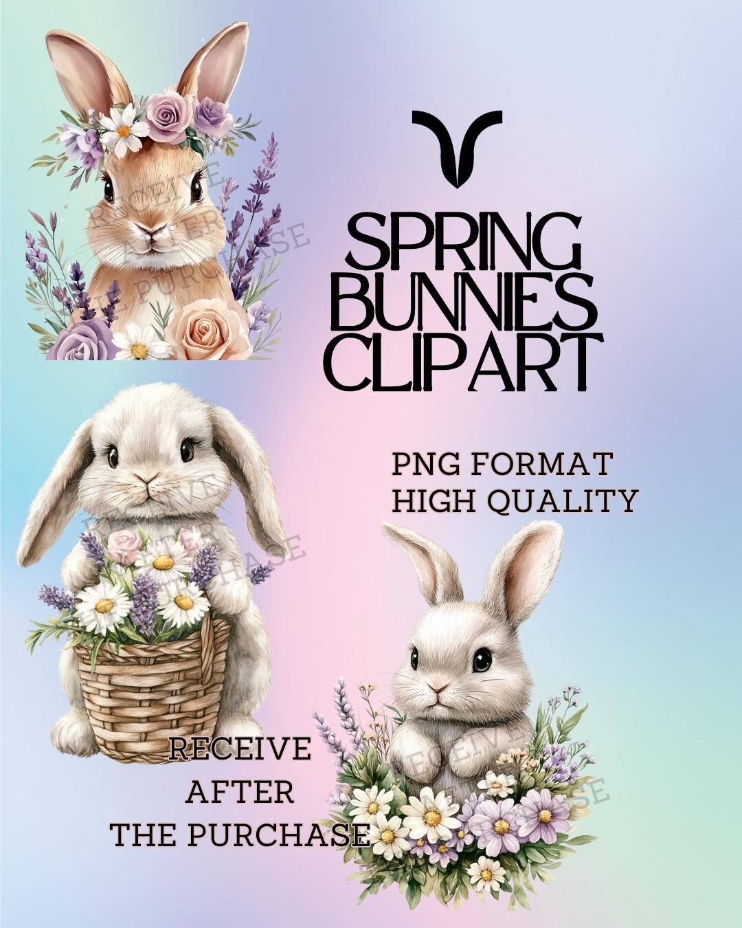 3 Spring Bunnies Watercolor Clipart, Cute Floral Bunny PNG, Digital ...