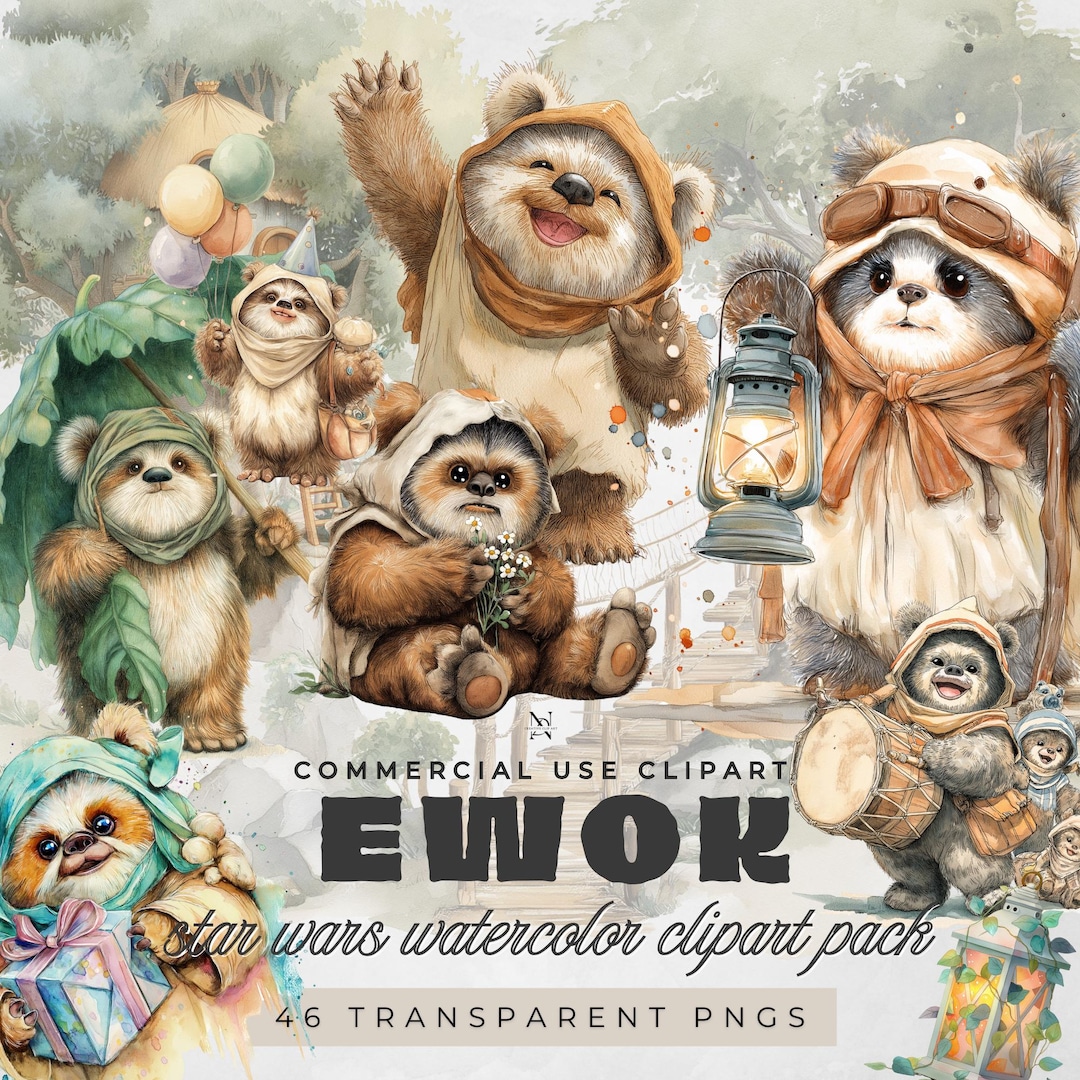 Ewok Star Wars Clipart: Watercolor Ewok Characters, Party Decorations ...