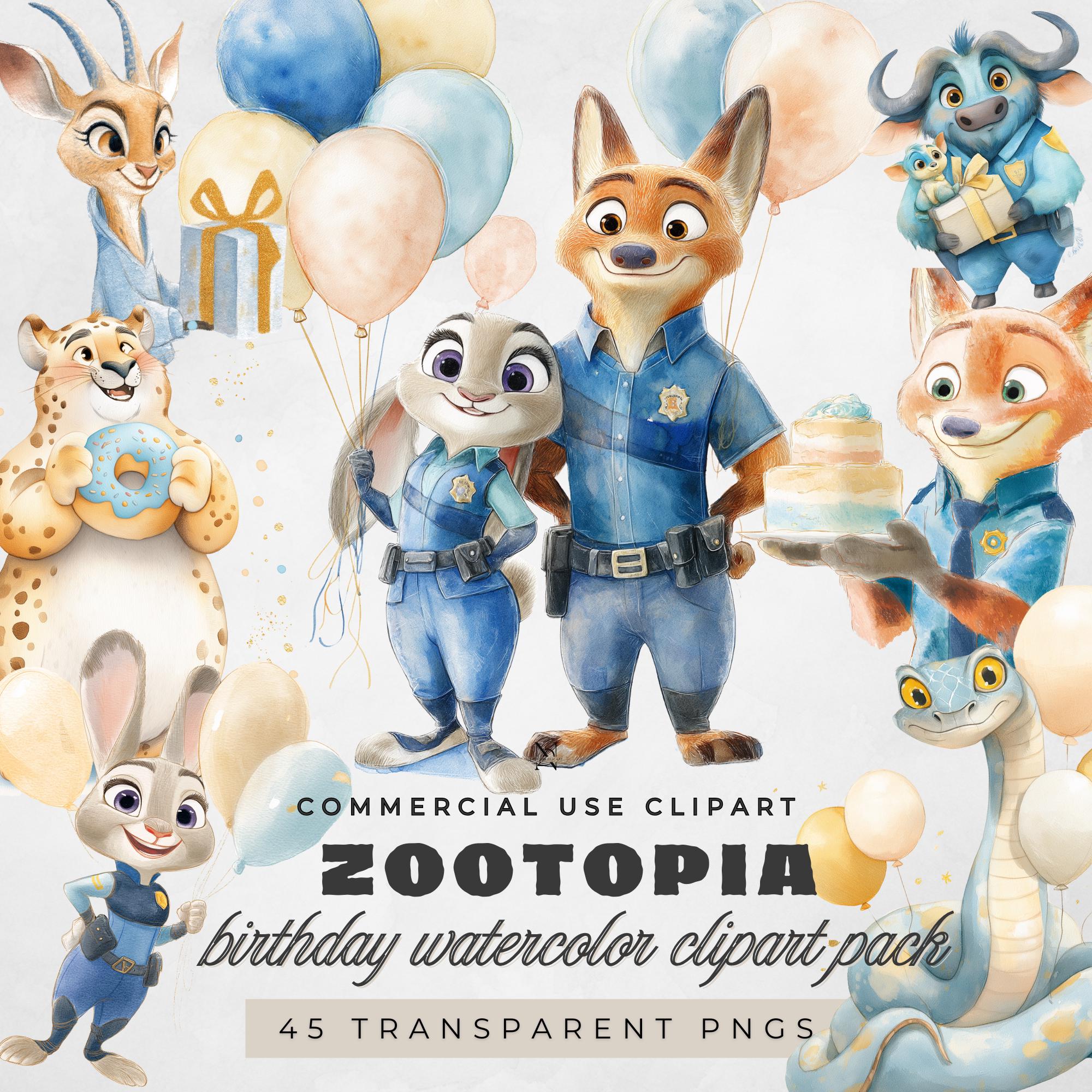 Zootopia 2 Birthday Clipart: Watercolor Characters, Party Decorations ...