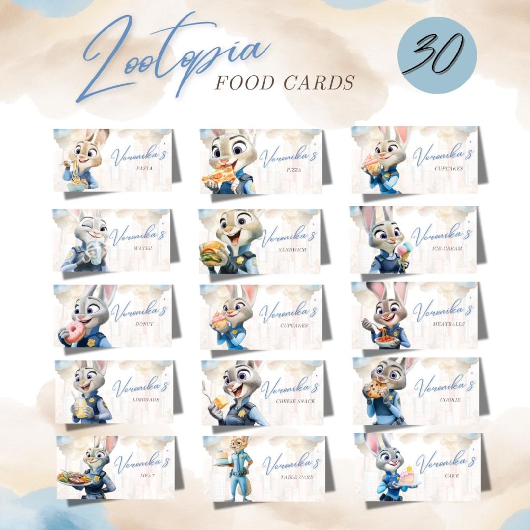 Zootopia Party Food Tent Cards, Judy Hopps & Nick Wilde, Editable Canva ...