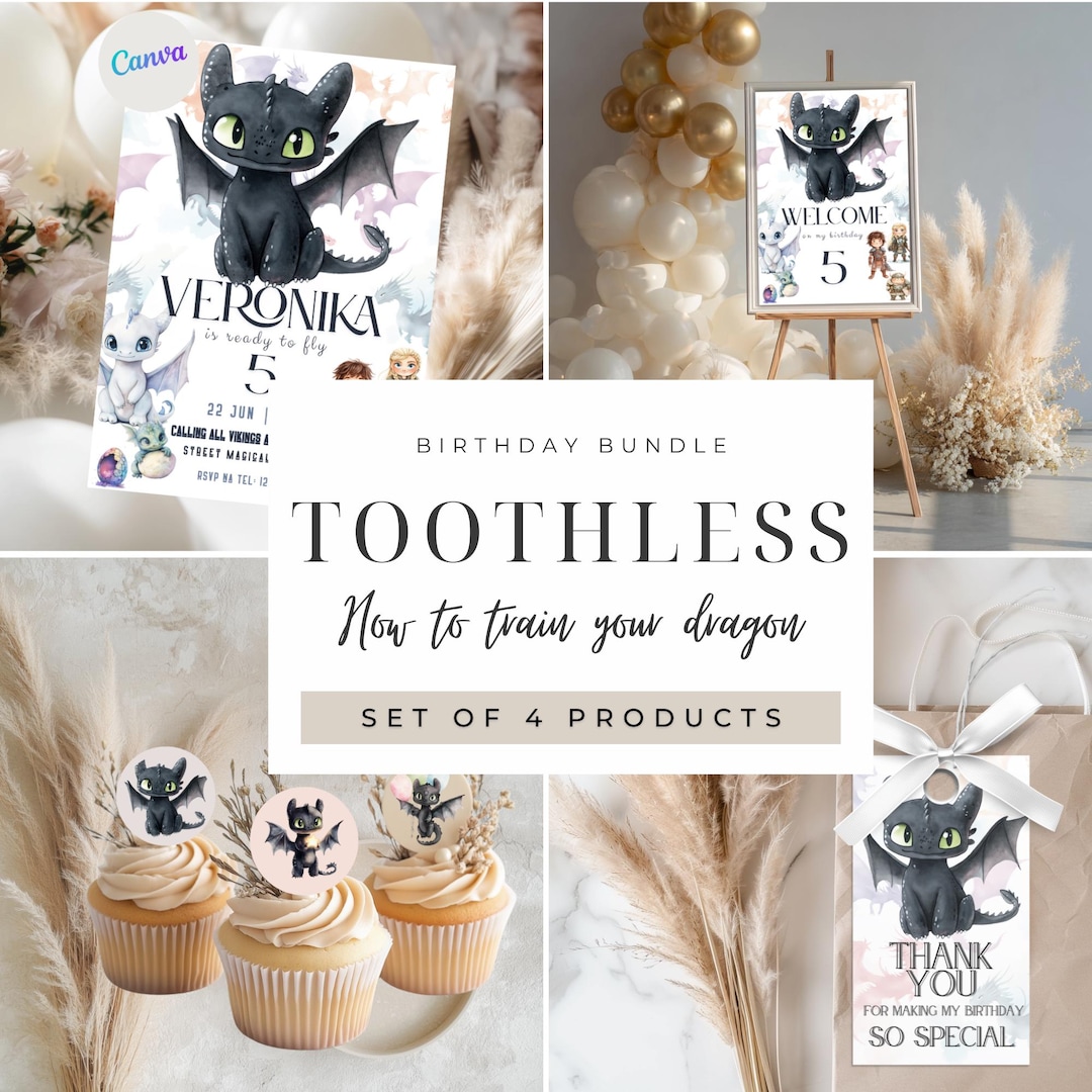 Birthday Party Toothless Bundle | Invitation, Welcome Sign, Cupcake ...
