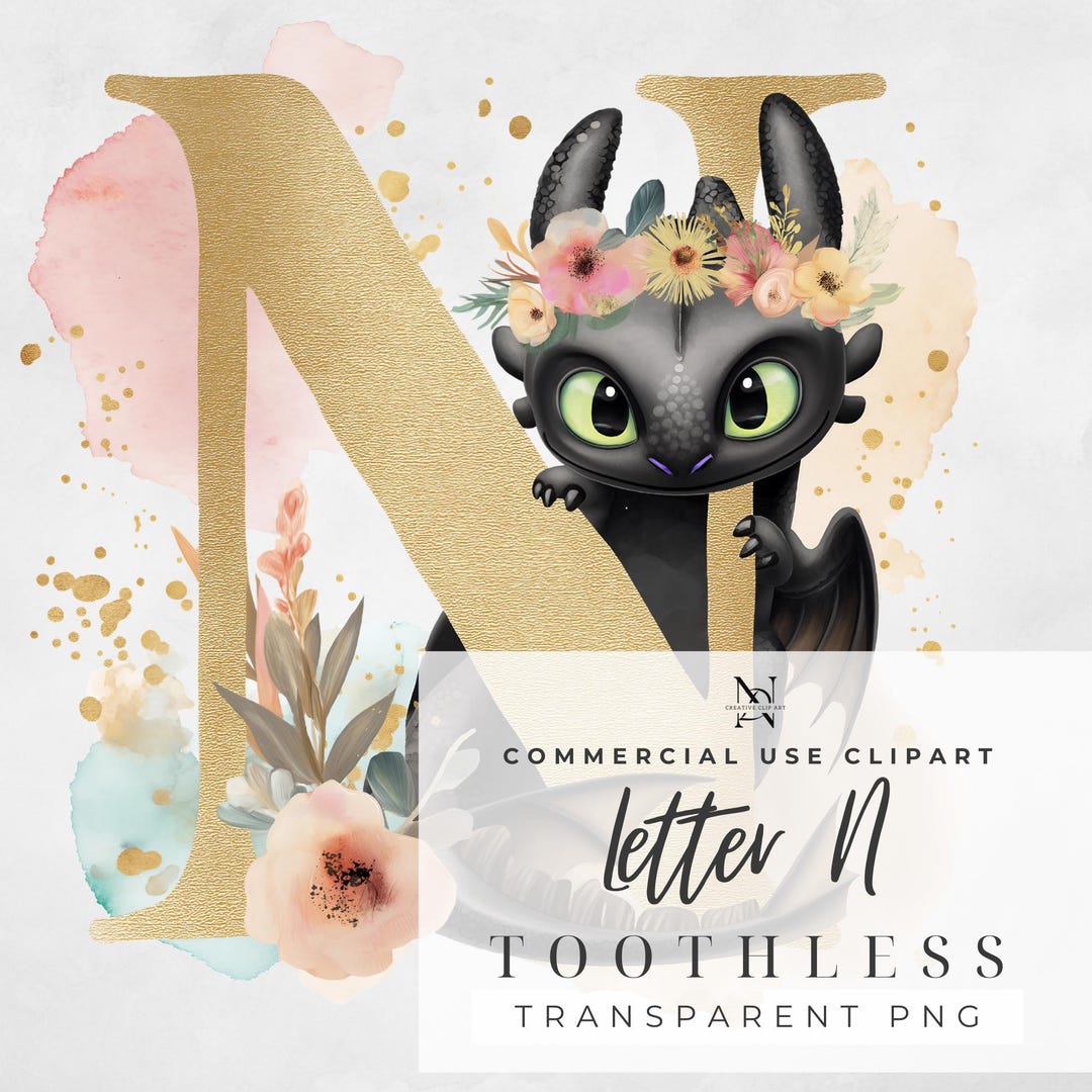 Watercolor Toothless Letter N Clipart: Dragon Alphabet PNG (digital ...