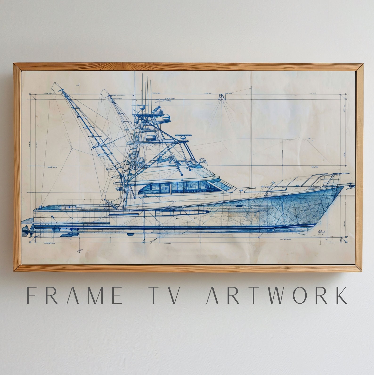 Yacht Blueprint Drawing Frame TV Art, Masculine Frame Tv Art, Coastal ...