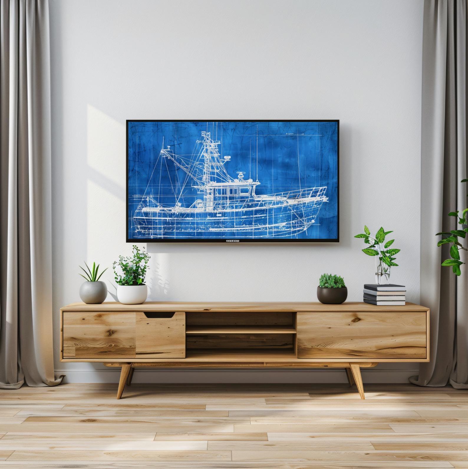 Boat Blueprint Drawing Frame TV Art, Masculine Frame Tv Art, Coastal ...