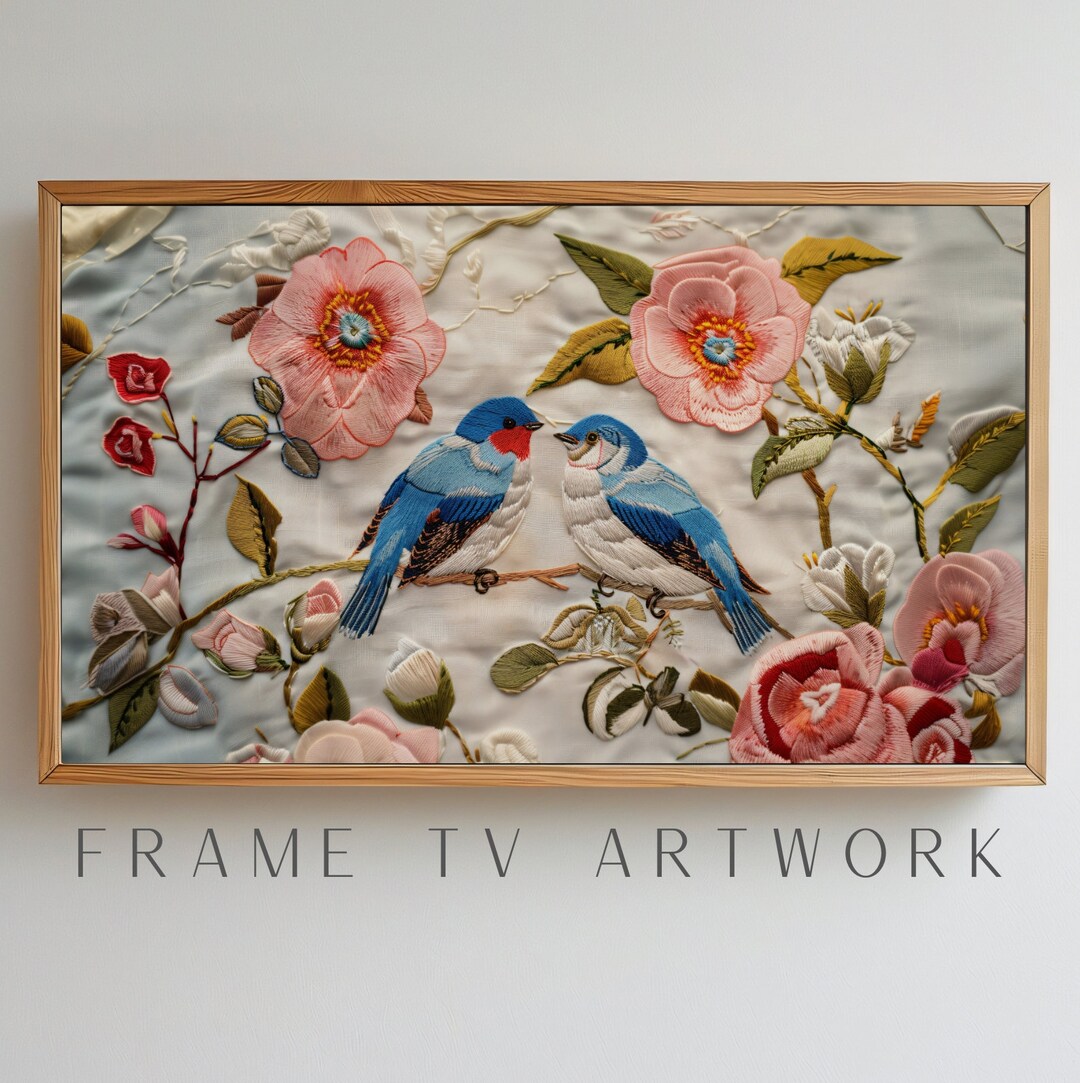 Embroidered Love Birds Frame TV Art, Samsung Frame Tv Art, Spring Frame ...