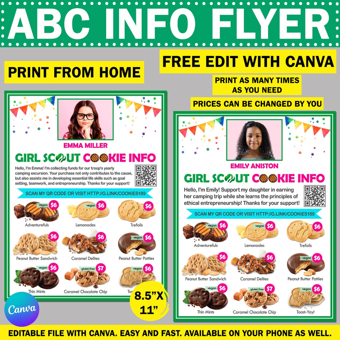ABC Girl Scout Cookie Info Flyer Price List 2024 Cookie Menu Printable ...