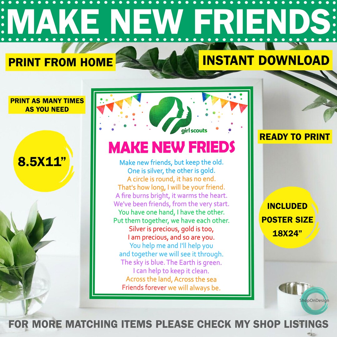 Girl Scout Make New Friends Poster for Troop Song Lyric Sign Instant ...