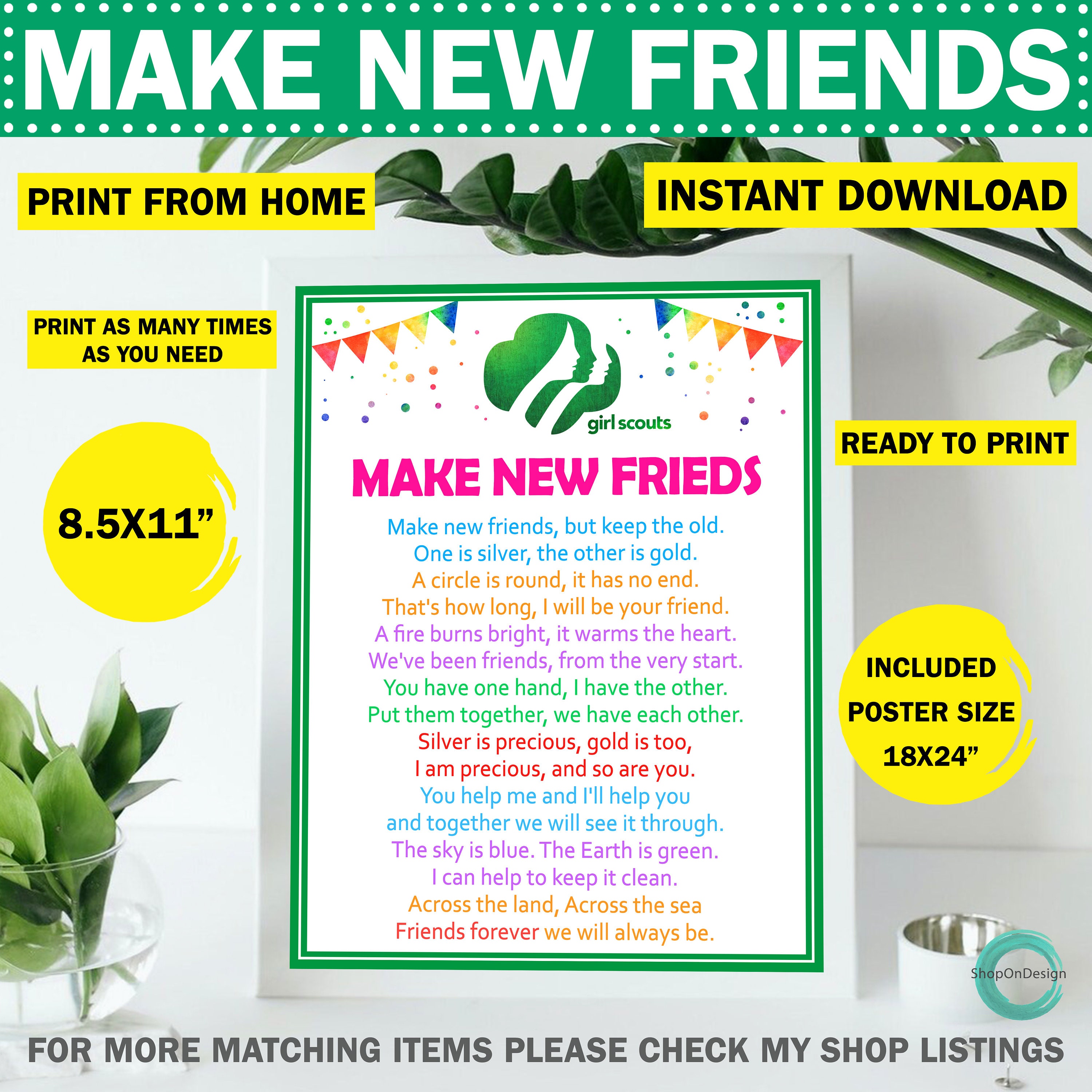 Girl Scout Make New Friends Poster for Troop Song Lyric Sign Instant ...