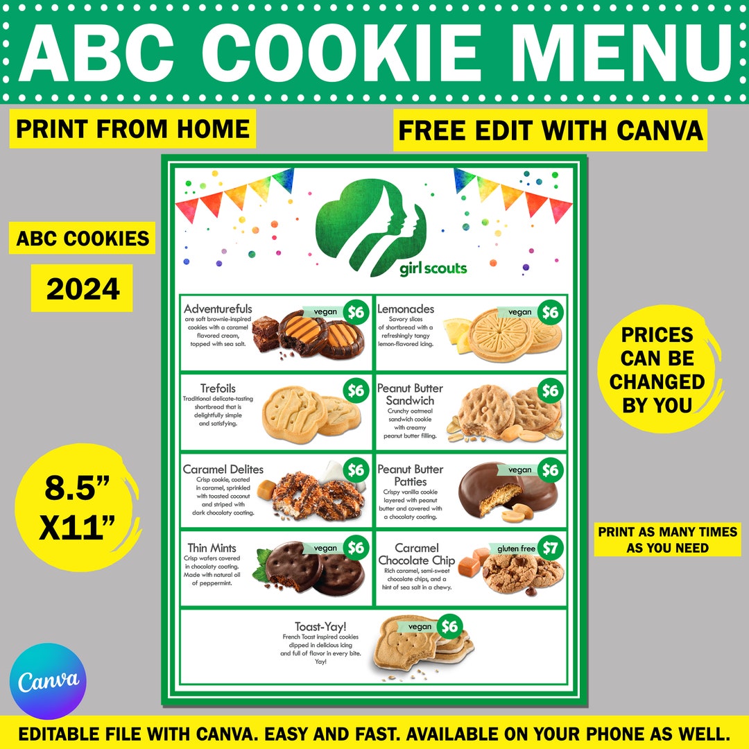 2024 ABC Girl Scout Cookie Menu Cookie Marketing Flyer Printable Cookie ...