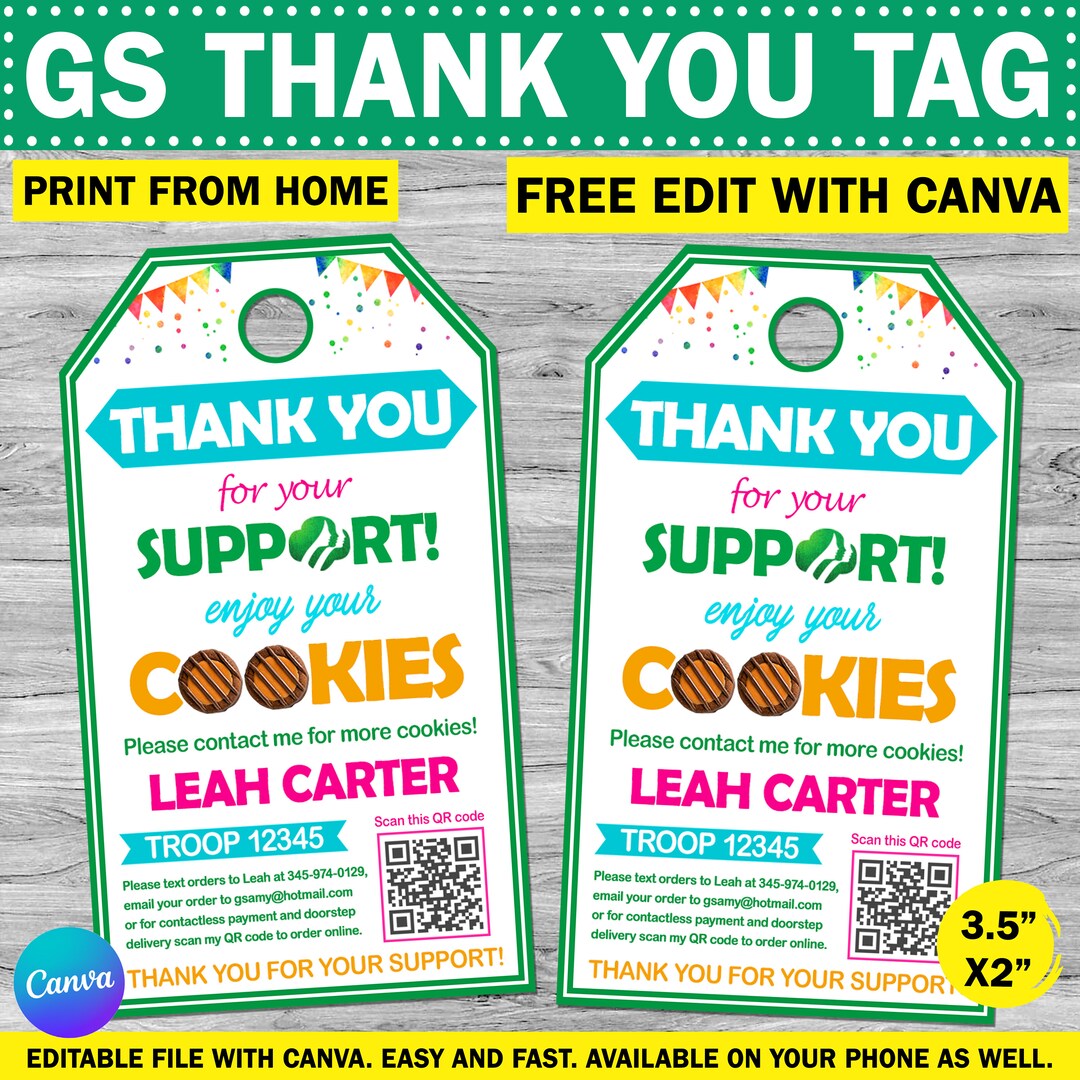 Girl Scout Cookie Thank You Tag With QR Code Instant Download Cookie ...