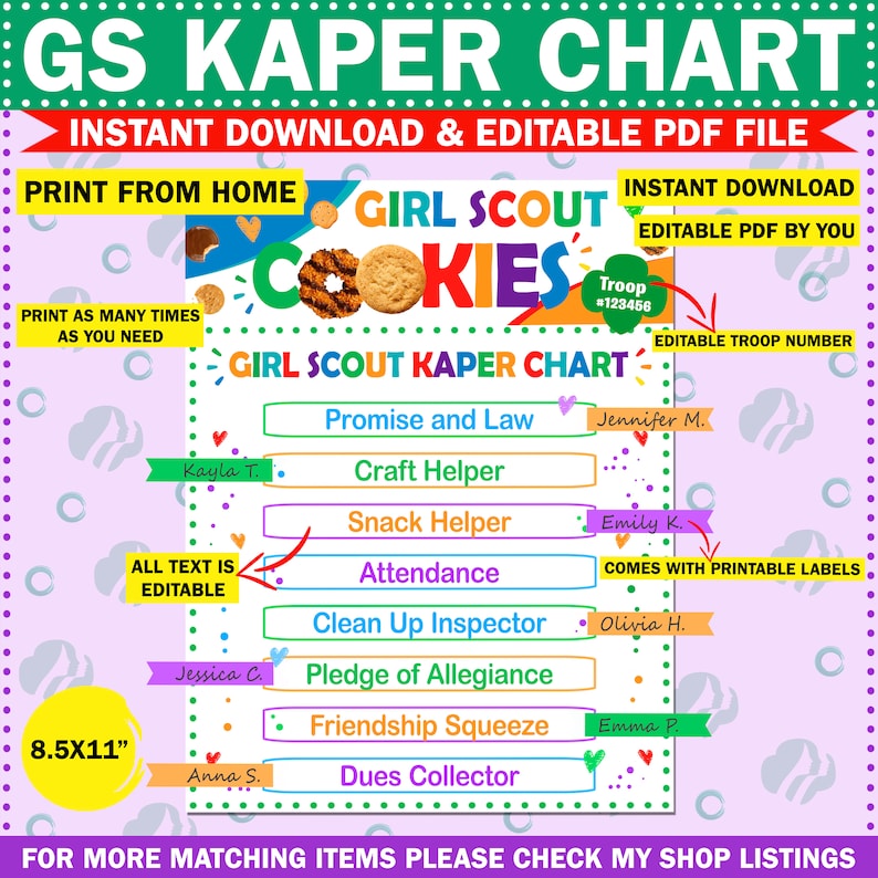 Girl Scout Kaper Chart With Name Labels Printable Troop Leader Meeting ...