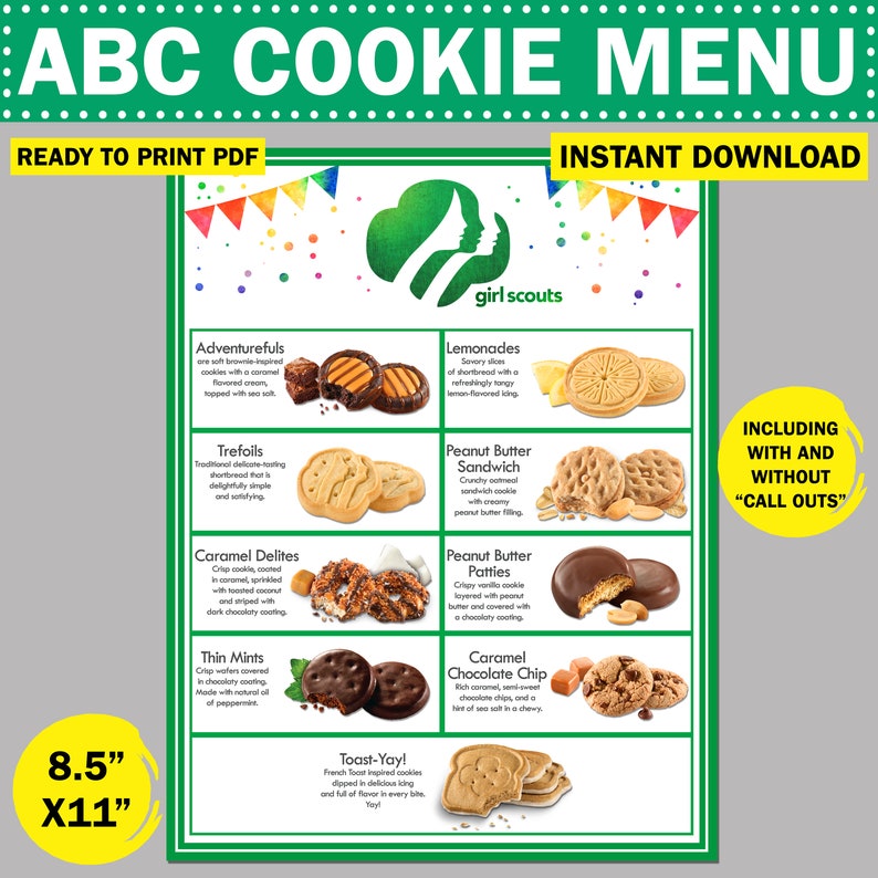 2024 ABC Girl Scout Cookie Menu Cookie Marketing Flyer Printable Cookie ...