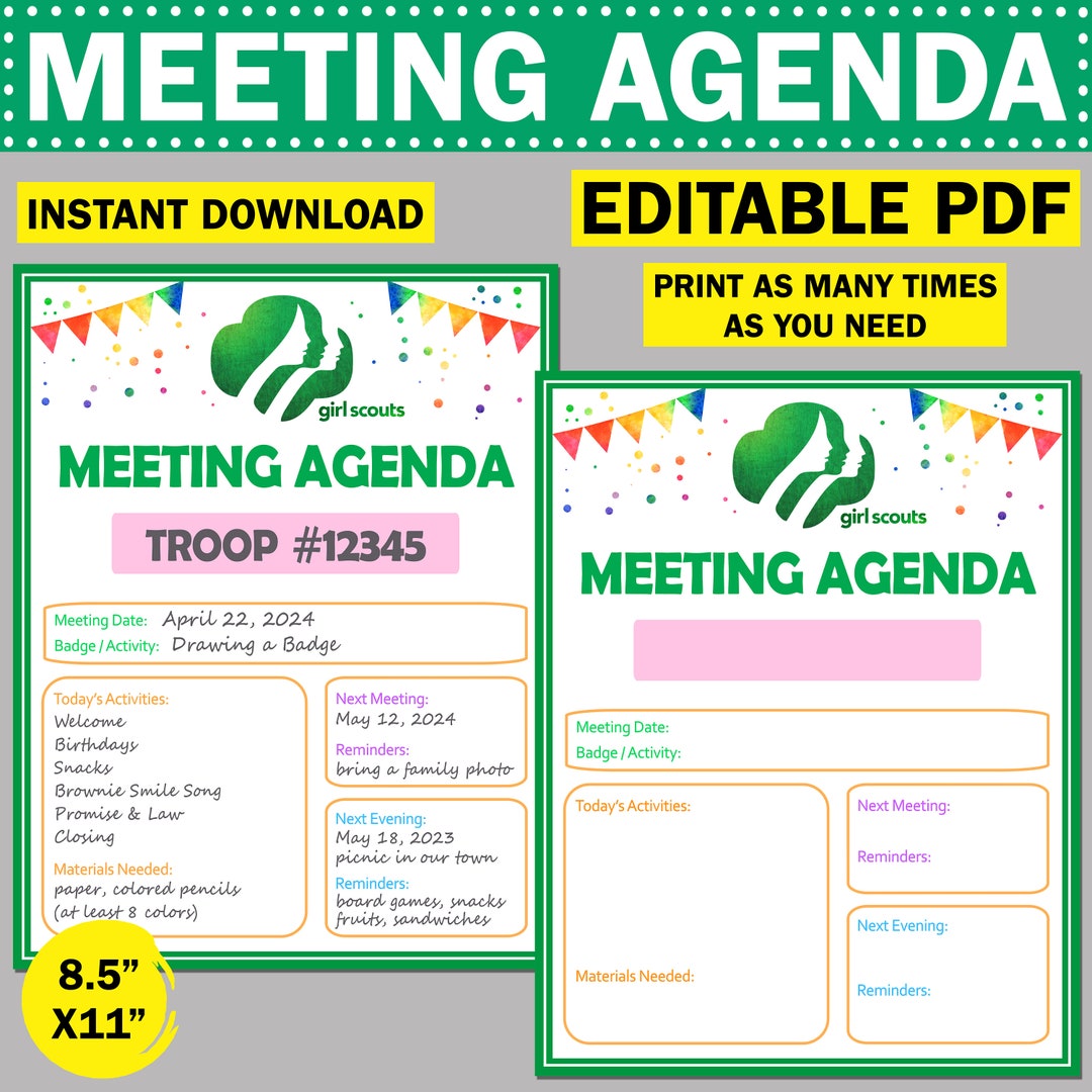 Girls Scout Meeting Agenda Activity Log Printable Troop Leader Planner ...