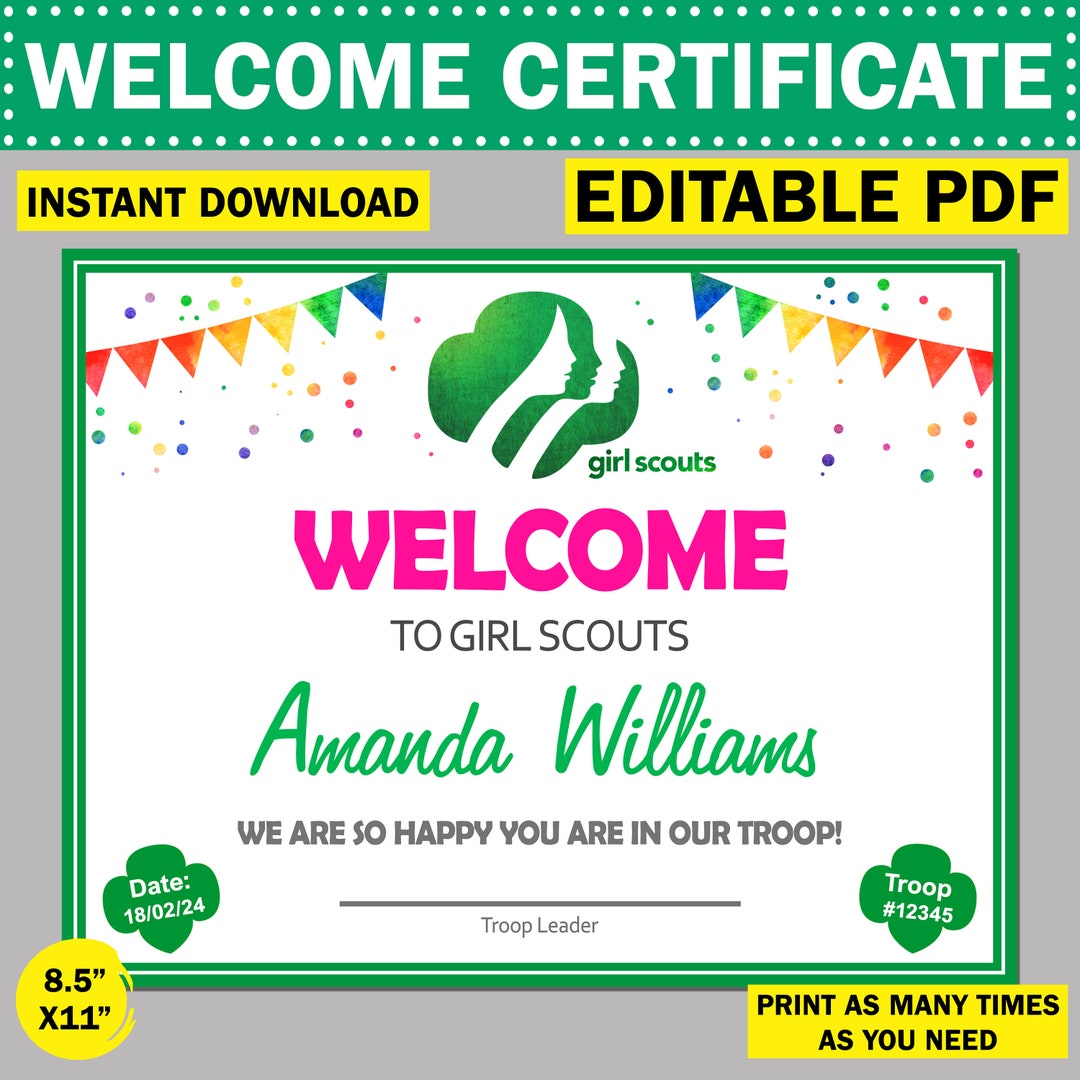 Girl Scout Welcome Certificate for All Levels Daisy Brownie Junior ...