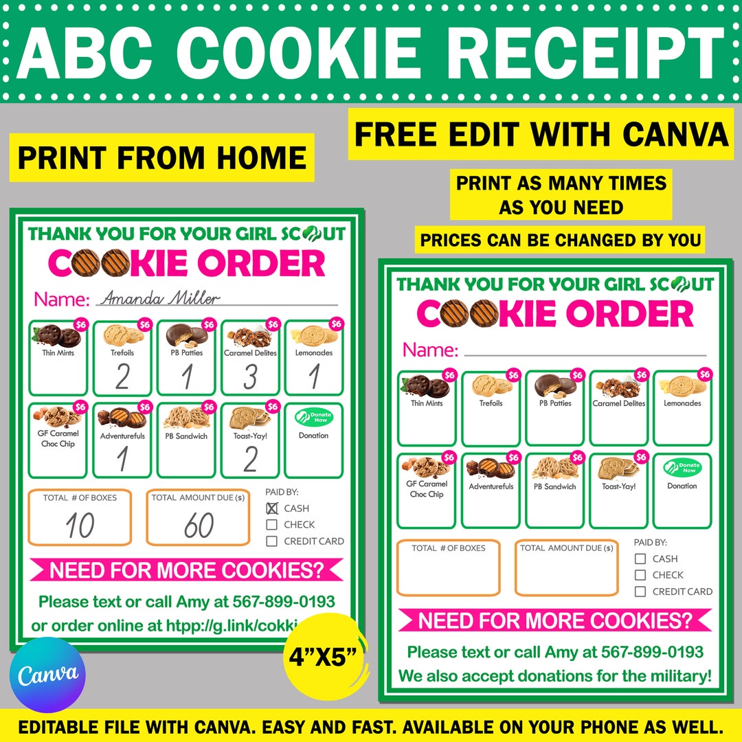 ABC Girl Scout Cookie Thank You Card Order Receipt 2024 Cookie Menu ...