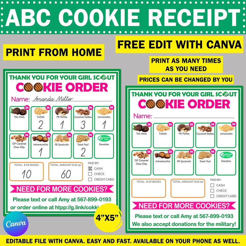 ABC Girl Scout Cookie Thank You Card Order Receipt 2024 Cookie Menu ...