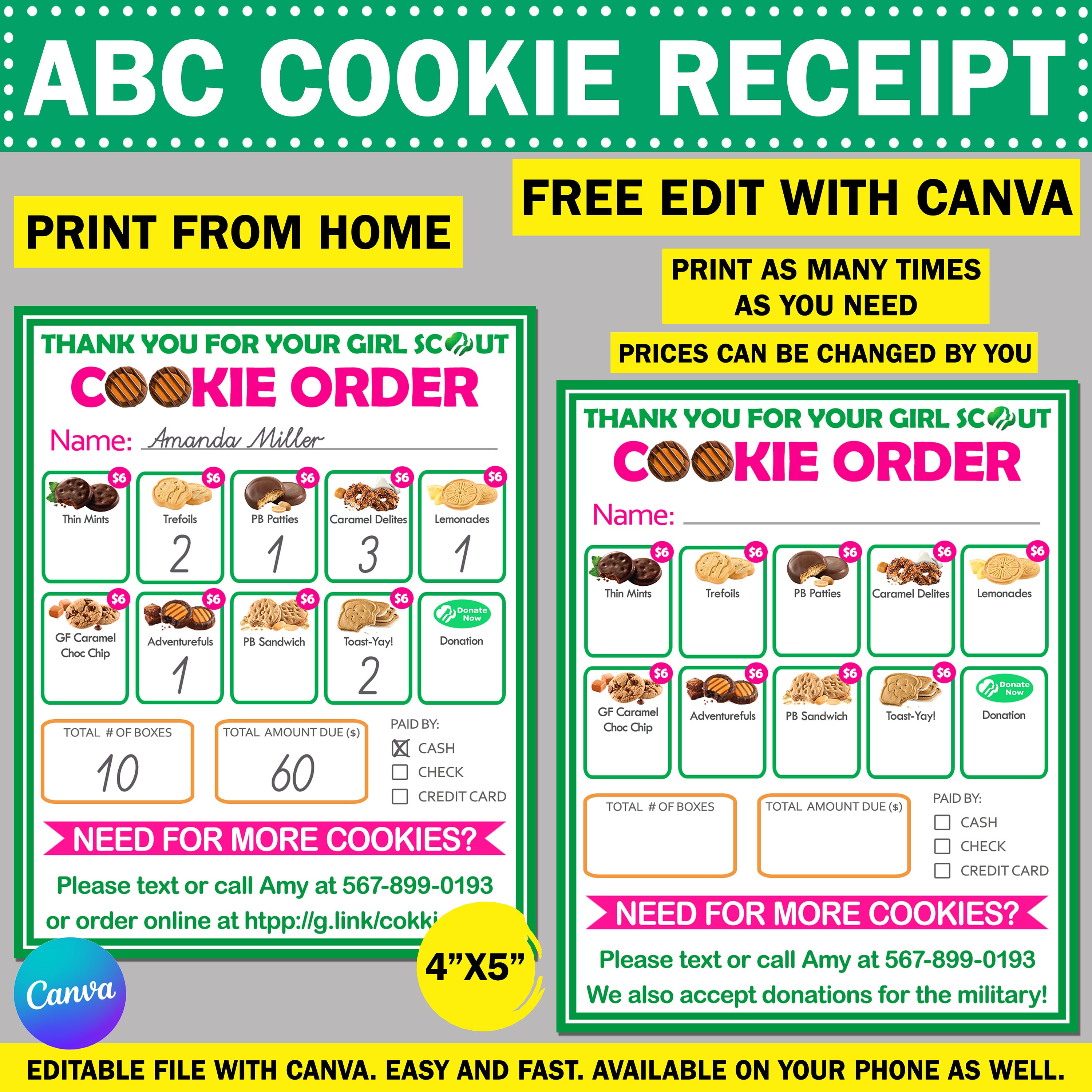 ABC Girl Scout Cookie Thank You Card Order Receipt 2024 Cookie Menu ...