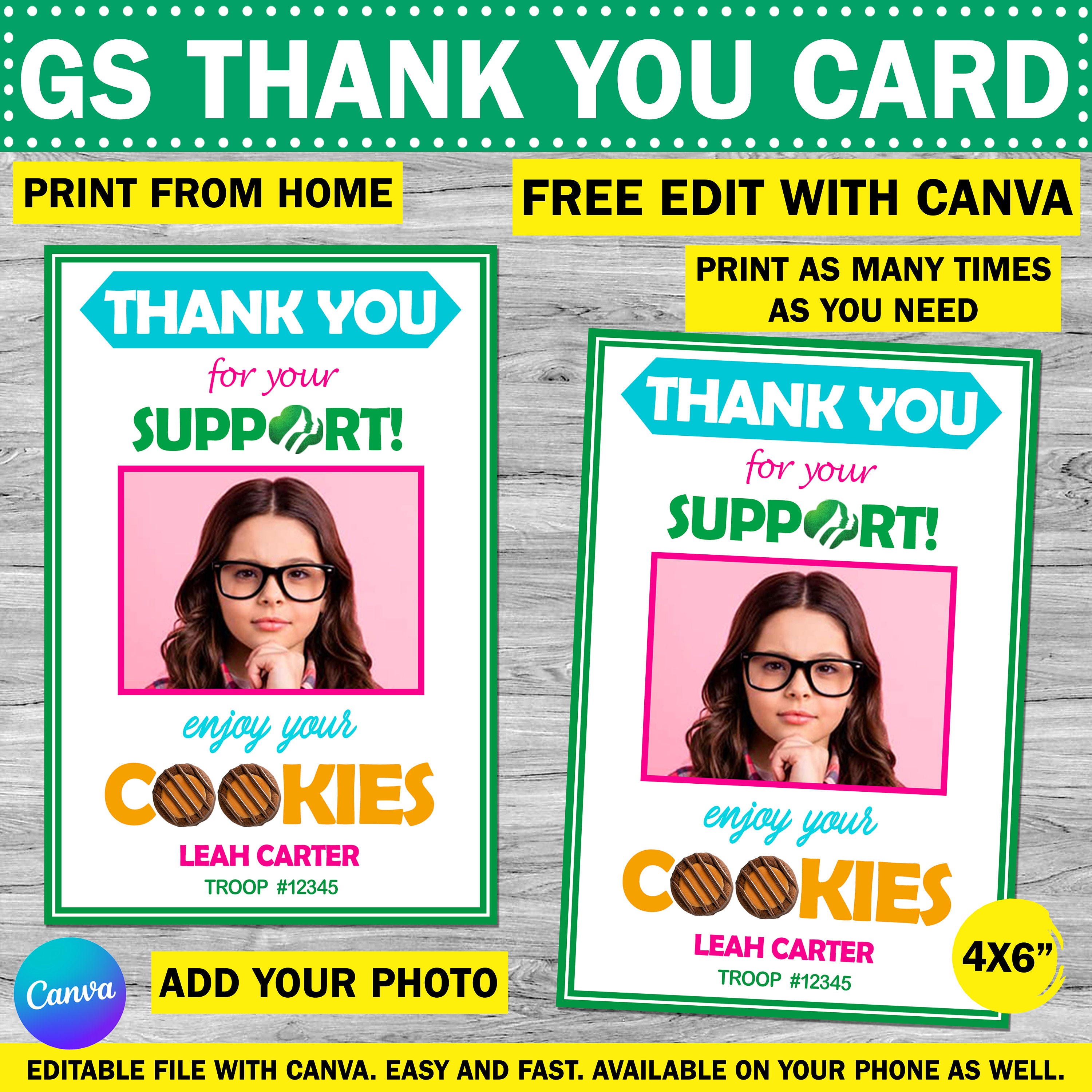 Girl Scout Cookie Thank You Card With Photo Instant Download Cookie ...