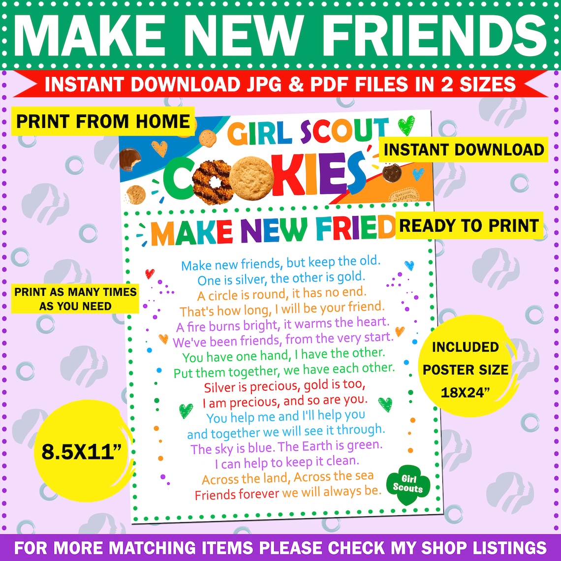 Girl Scout Make New Friends Poster for Troop Song Lyric Sign Instant ...