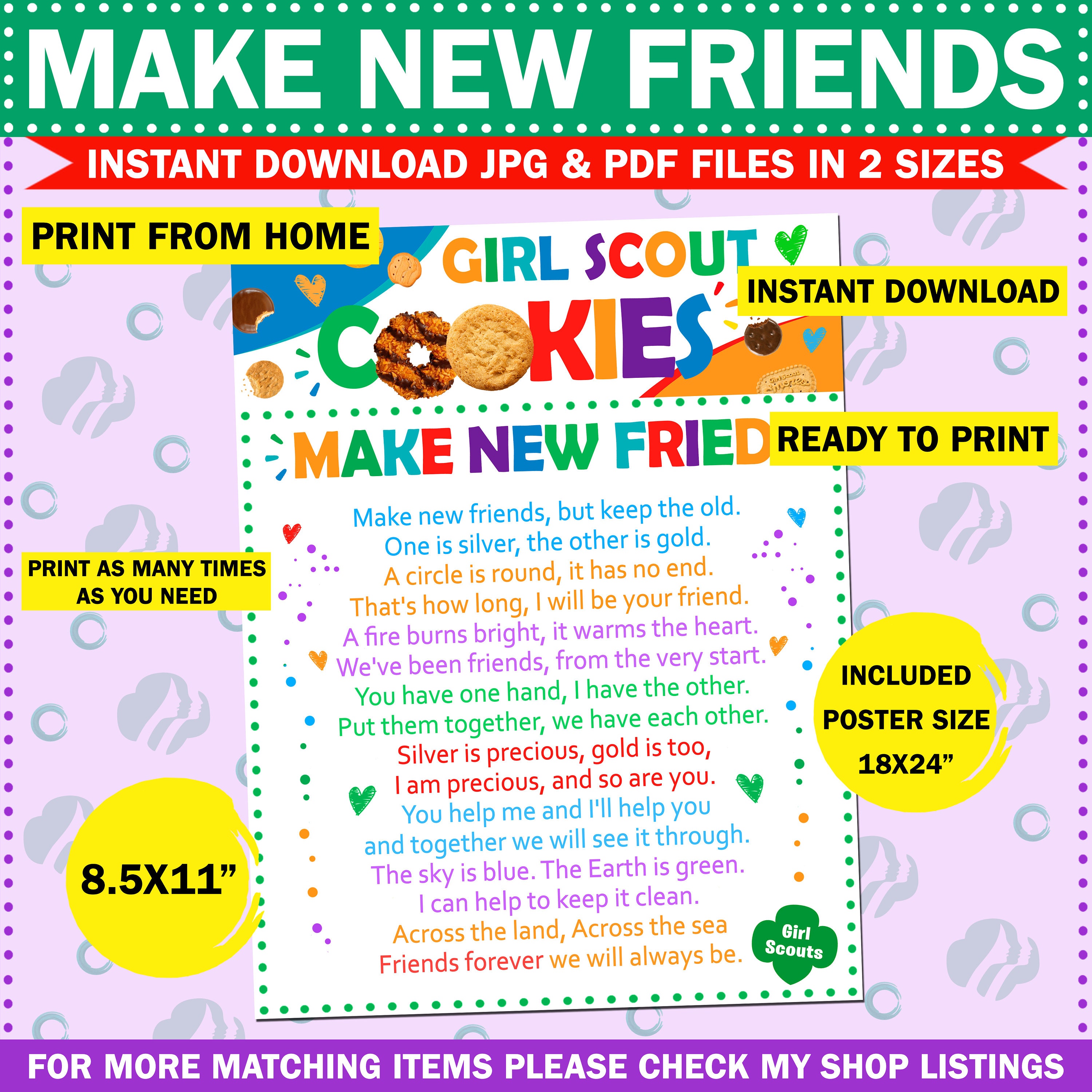 Girl Scout Make New Friends Poster for Troop Song Lyric Sign Instant ...