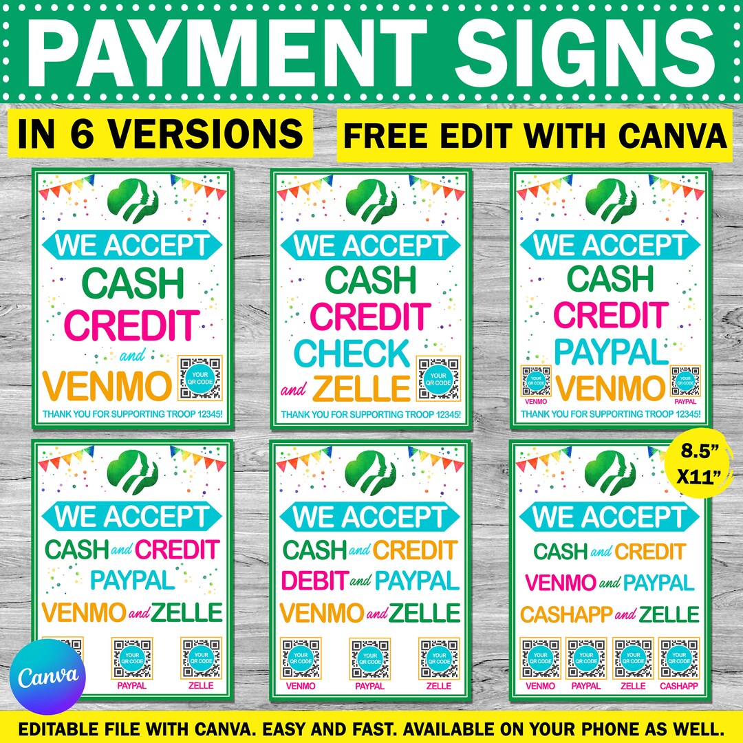 Girl Scout Cookie Booth Payment Accepted Signs Booth Poster QR Code ...