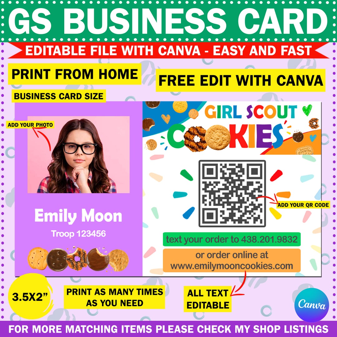 Girl Scout Cookie Business Card With QR Code and Photo Printable Thank ...