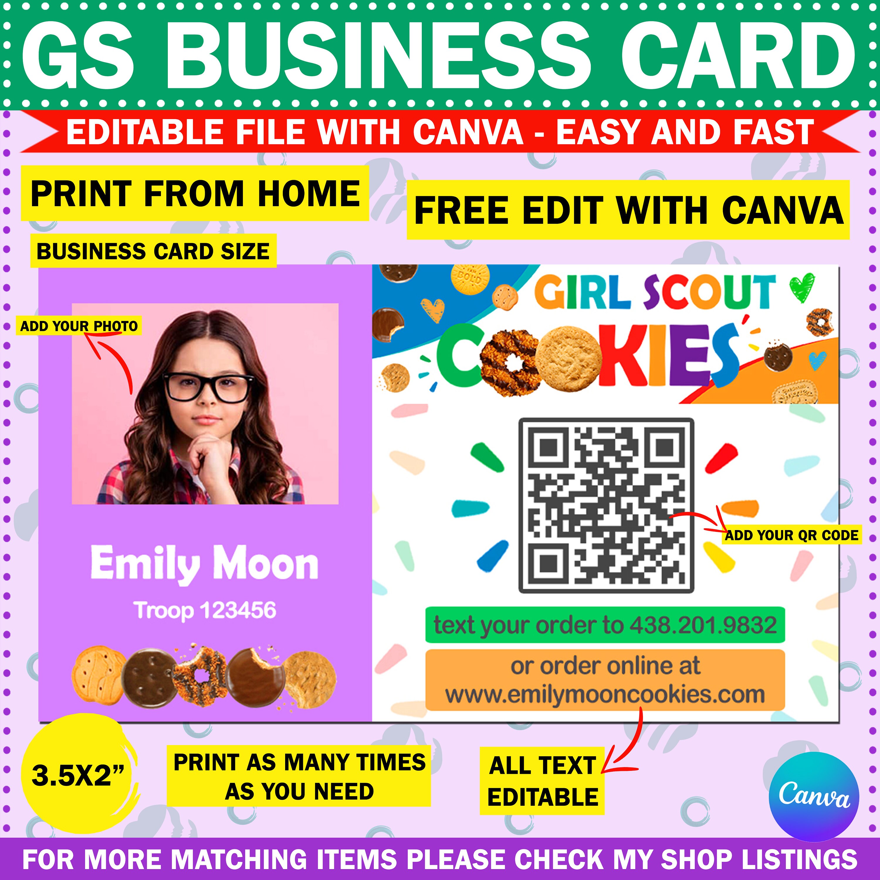 Girl Scout Cookie Business Card With QR Code and Photo Printable Thank ...