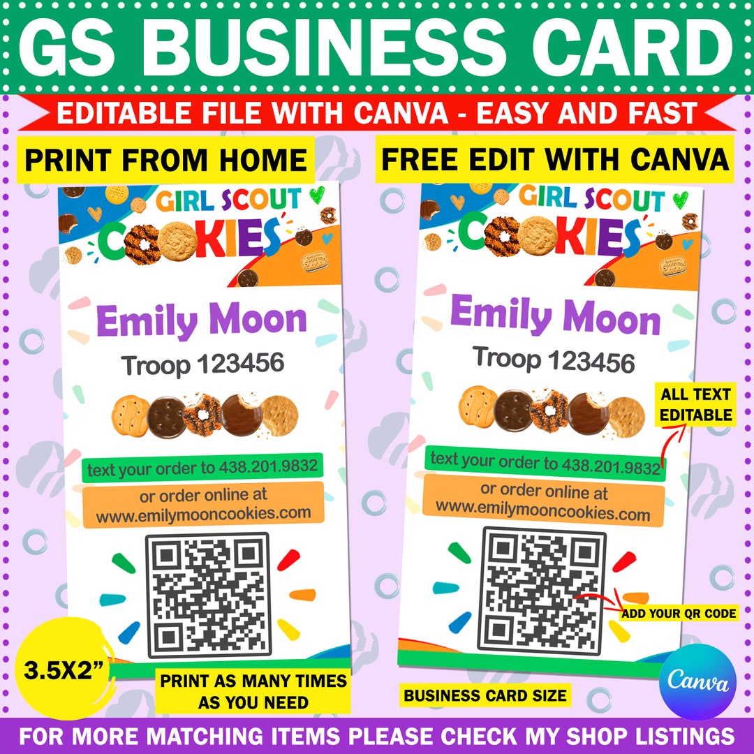 Girl Scout Cookie Business Card With QR Code or Photo Printable Thank ...