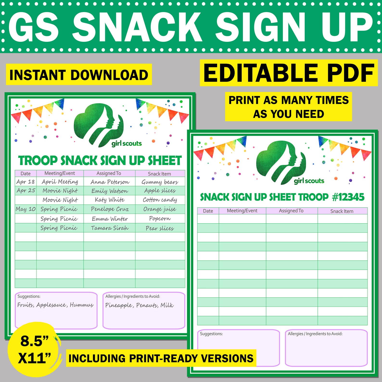 Girls Scout Meeting Snack Sign up With Allergy Printable Troop Leader ...