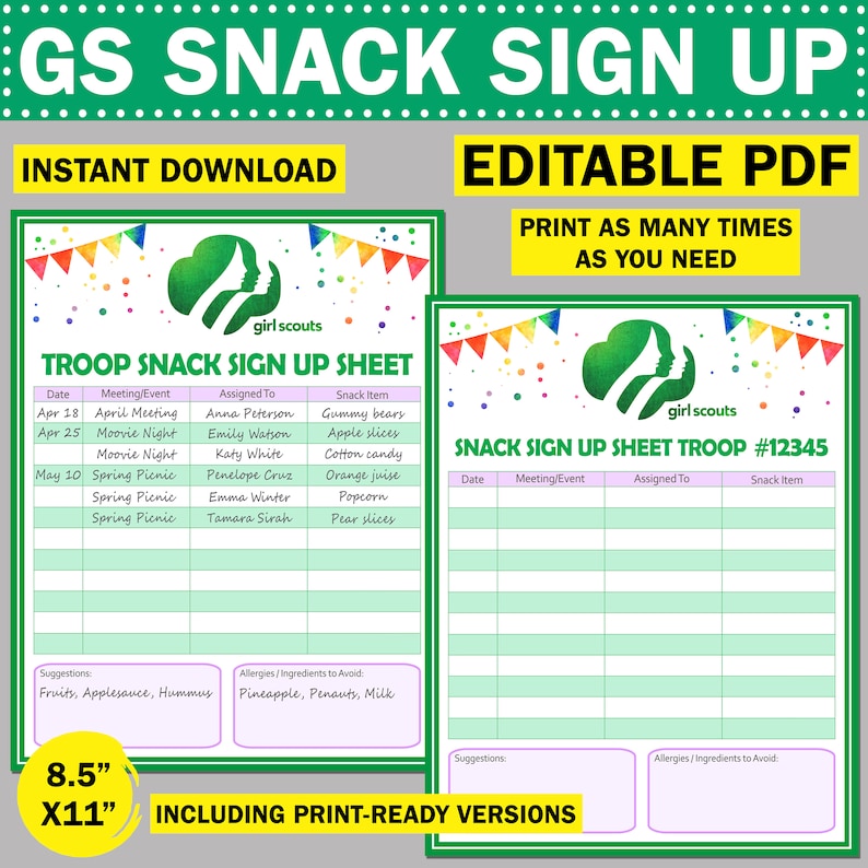 Girls Scout Meeting Snack Sign up With Allergy Printable Troop Leader ...