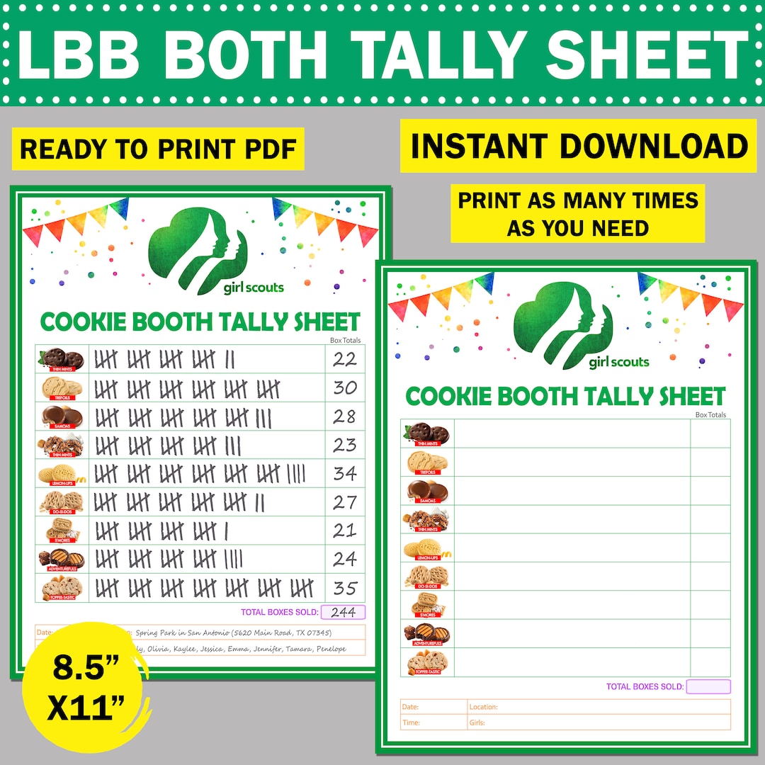 2024 LBB Girl Scout Cookie Booth Tally Sheet Sales Inventory Form Troop ...