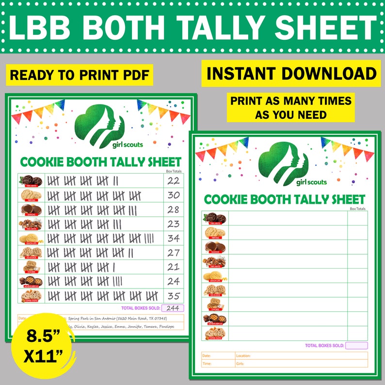 2024 LBB Girl Scout Cookie Booth Tally Sheet Sales Inventory Form Troop ...