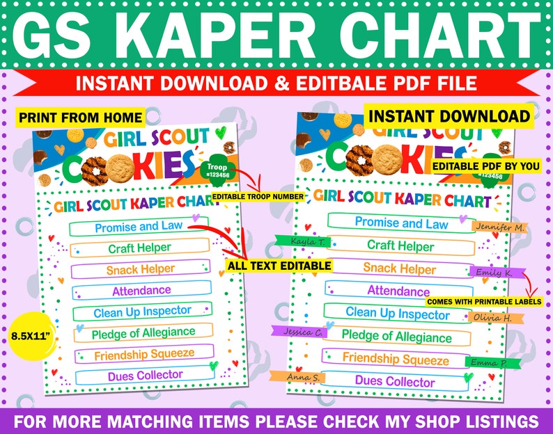 Girl Scout Kaper Chart With Name Labels Printable Troop Leader Meeting ...