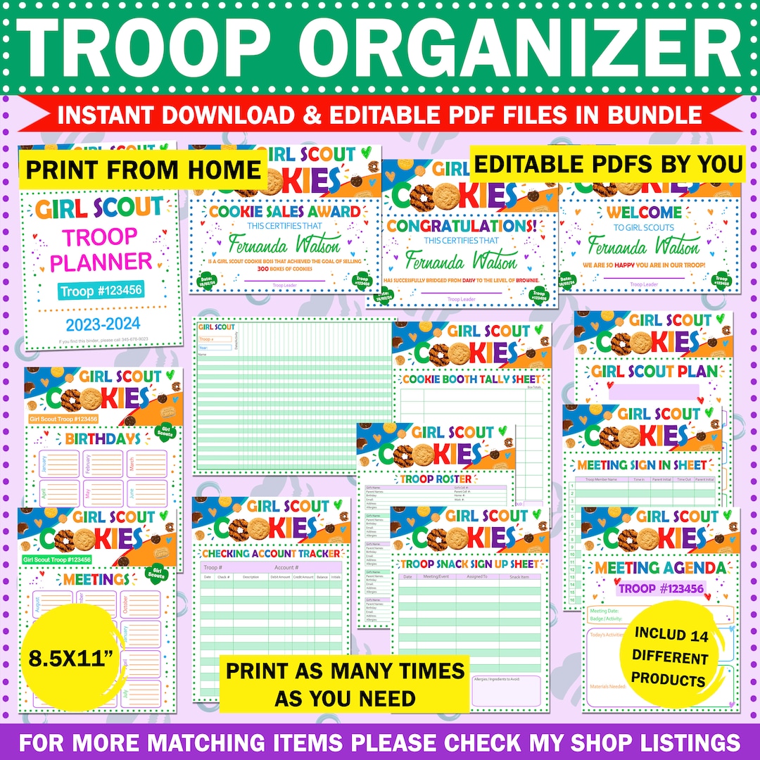 Girl Scout Troop Leader Organizer Certificate Attendance Log Snack Sign ...