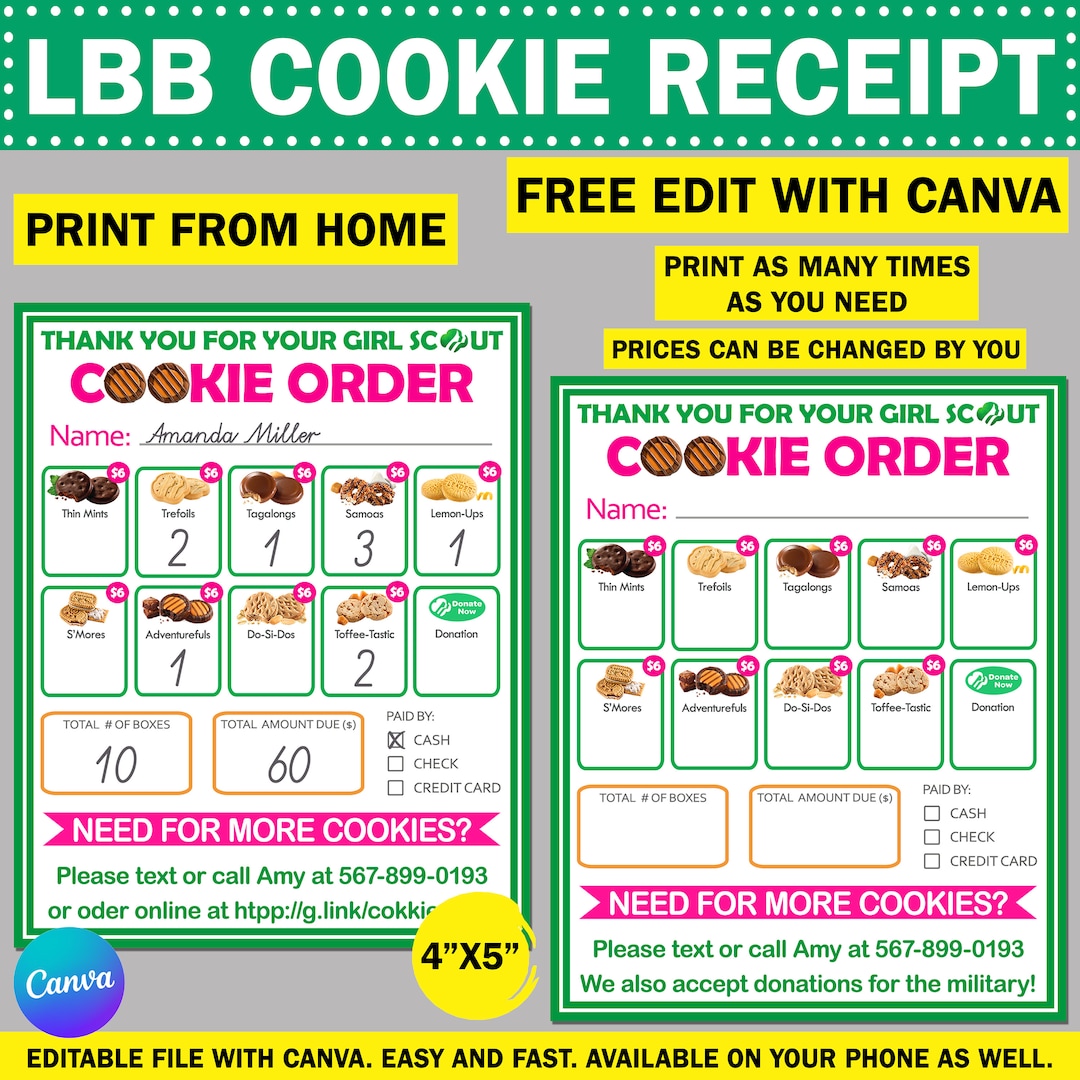 LBB Girl Scout Cookie Thank You Card Order Receipt 2024 Cookie Menu ...