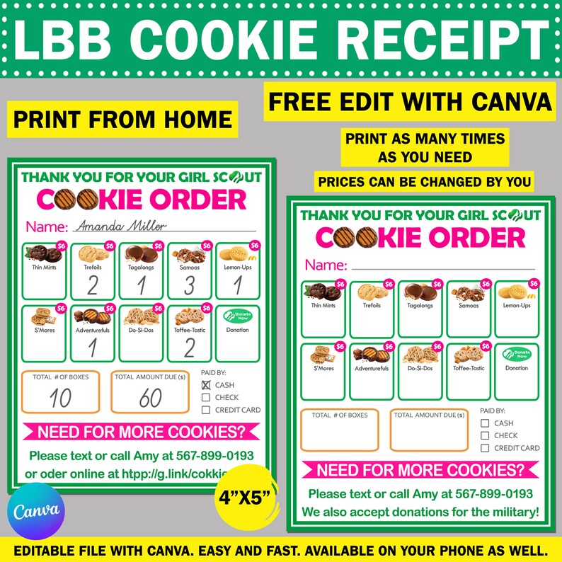 LBB Girl Scout Cookie Thank You Card Order Receipt 2024 Cookie Menu ...