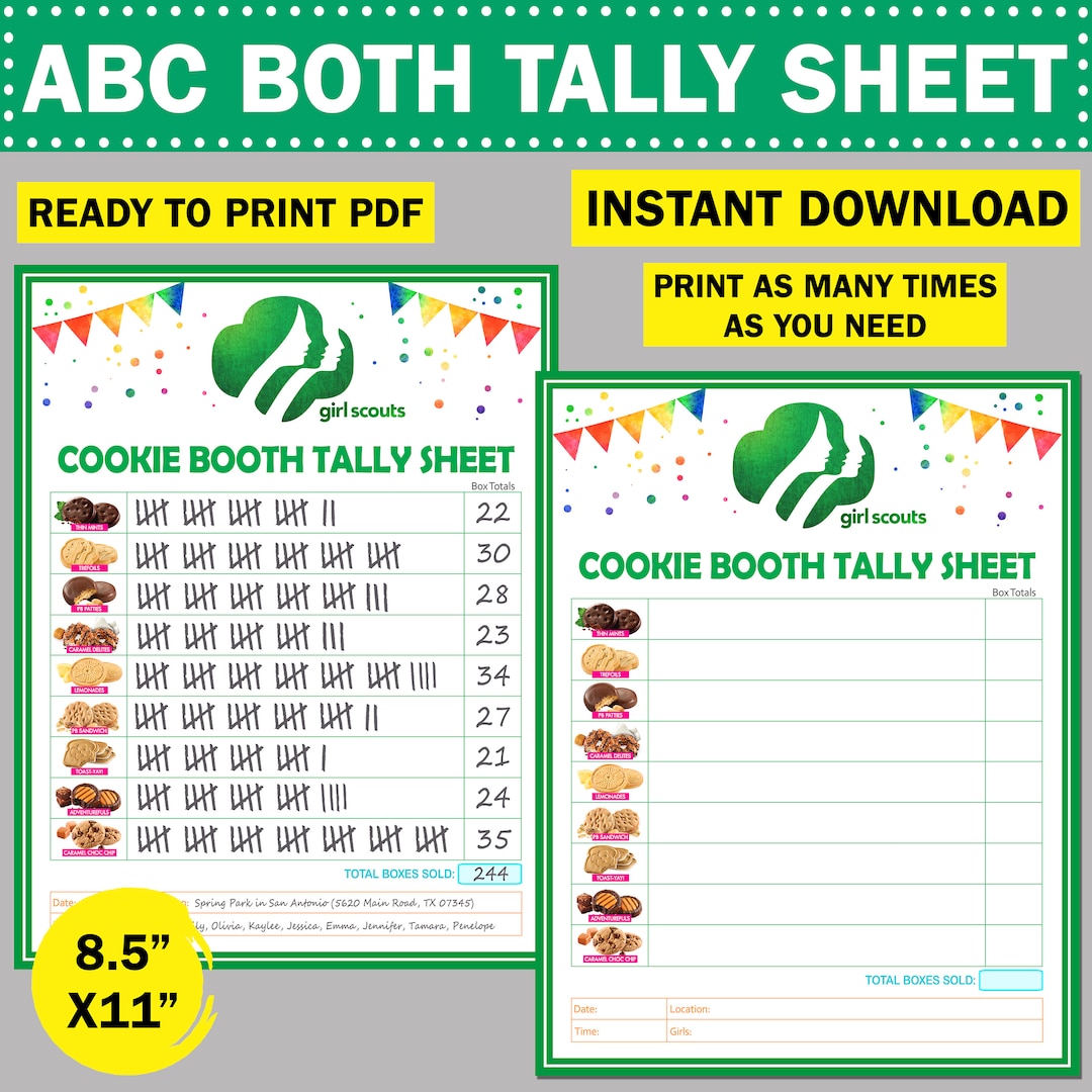 2024 ABC Girl Scout Cookie Booth Tally Sheet Sales Inventory Form Troop ...