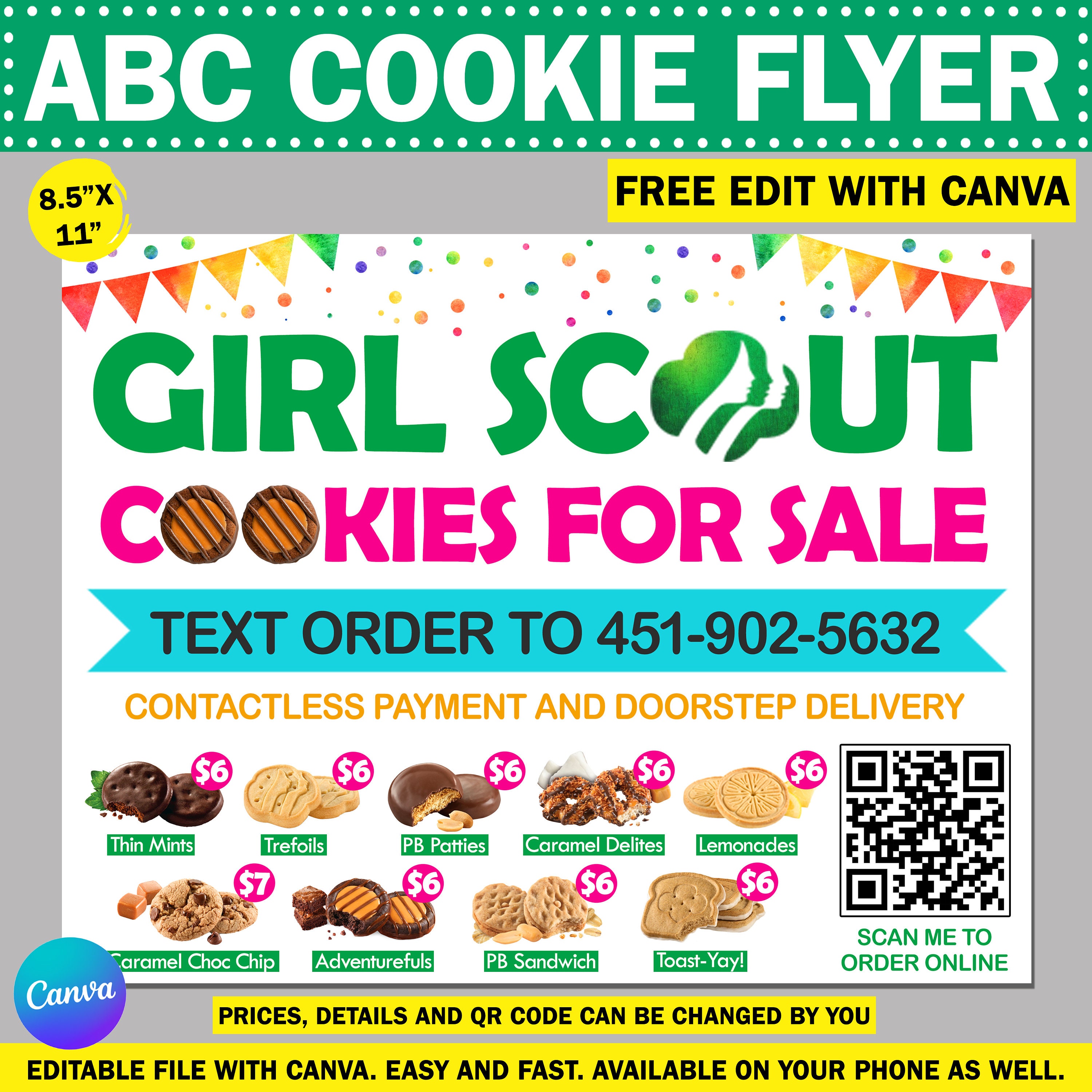 2024 Abc Girl Scout Cookie Flyer With Qr Code 85x11 Cookie Menu Digital Sale Sign Price List