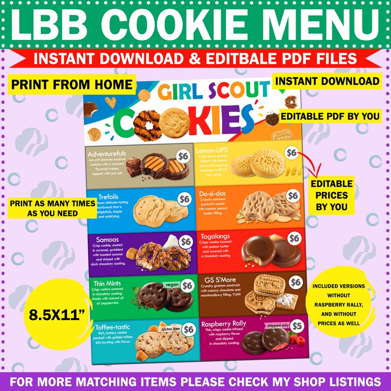 2024 LBB Girl Scout Cookie Menu Cookie Marketing Flyer Printable Cookie ...