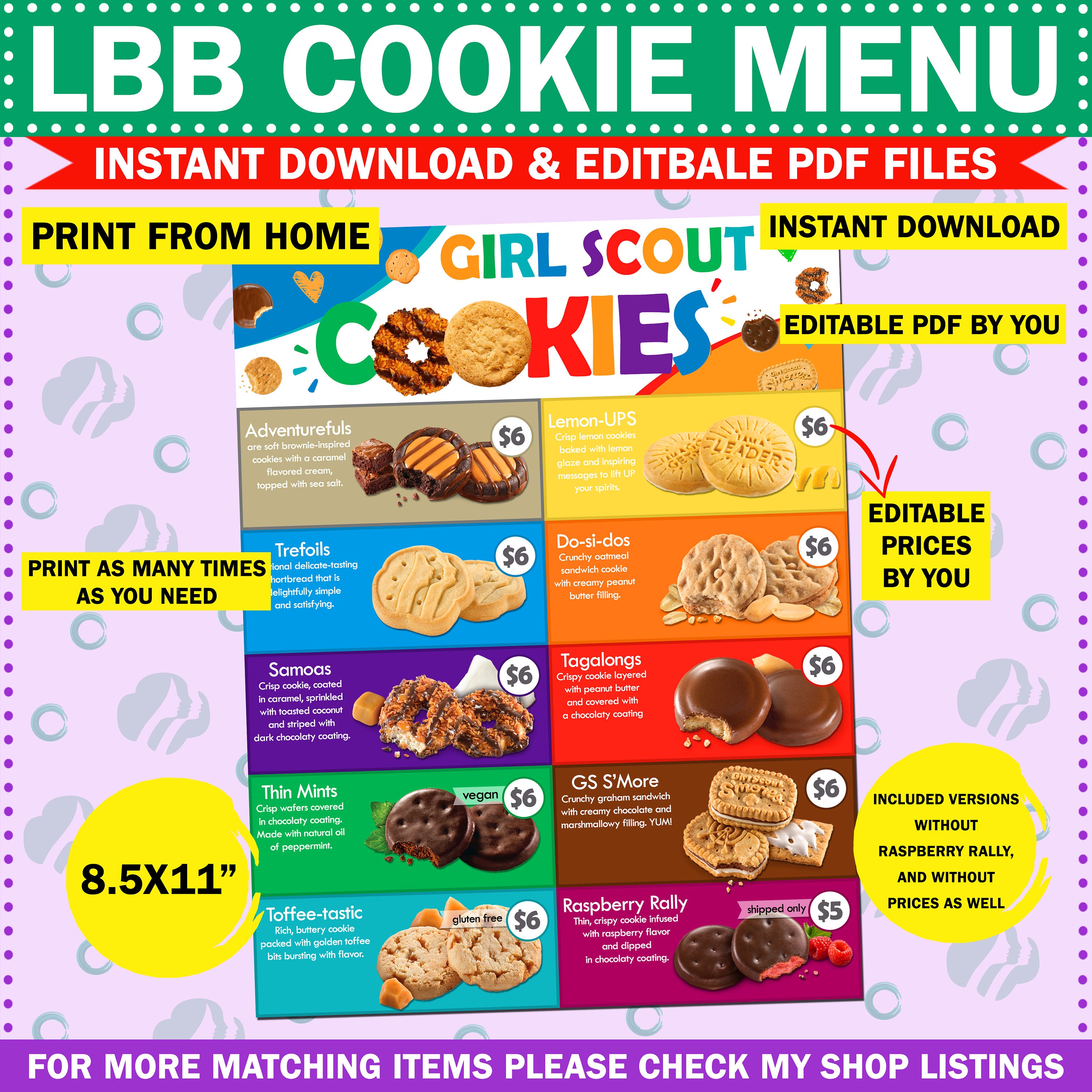 2024 LBB Girl Scout Cookie Menu Cookie Marketing Flyer Printable Cookie ...