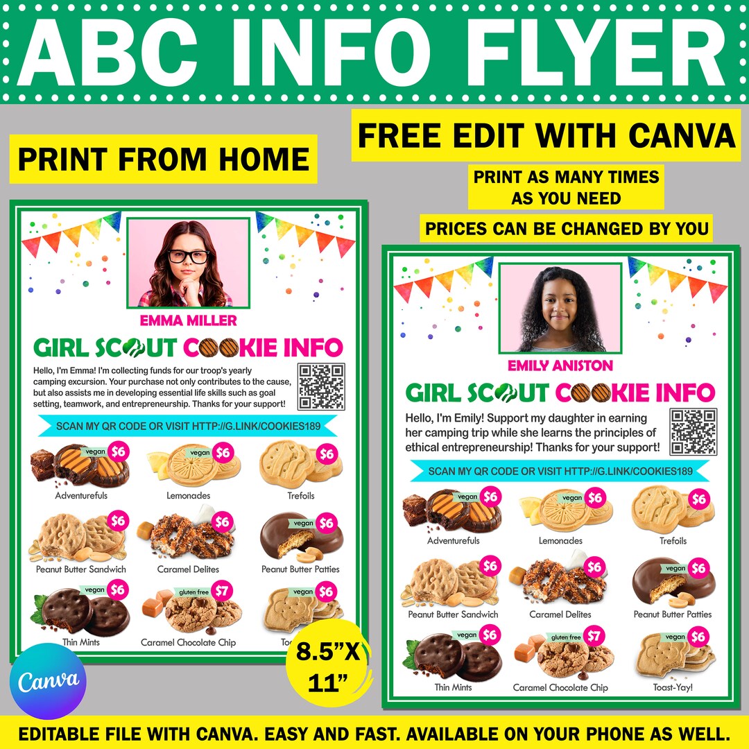 ABC Girl Scout Cookie Info Flyer Price List 2024 Cookie Menu Printable ...