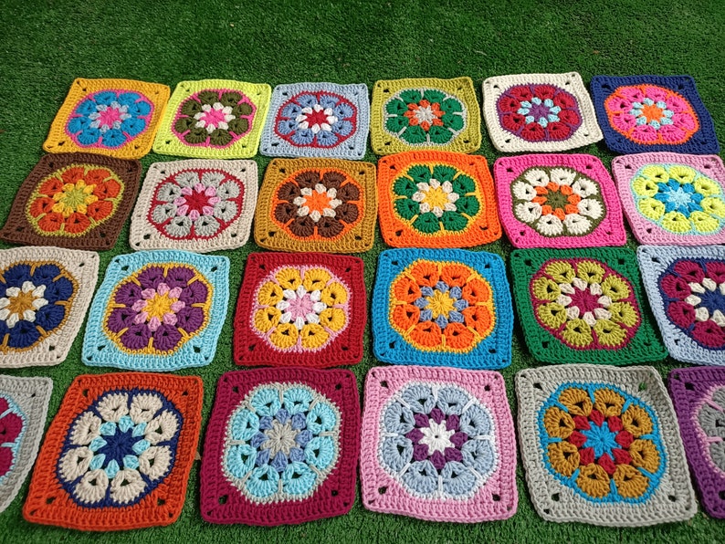 24 African Violet Multicolored Granny Square Set, Crocheted Afgan ...