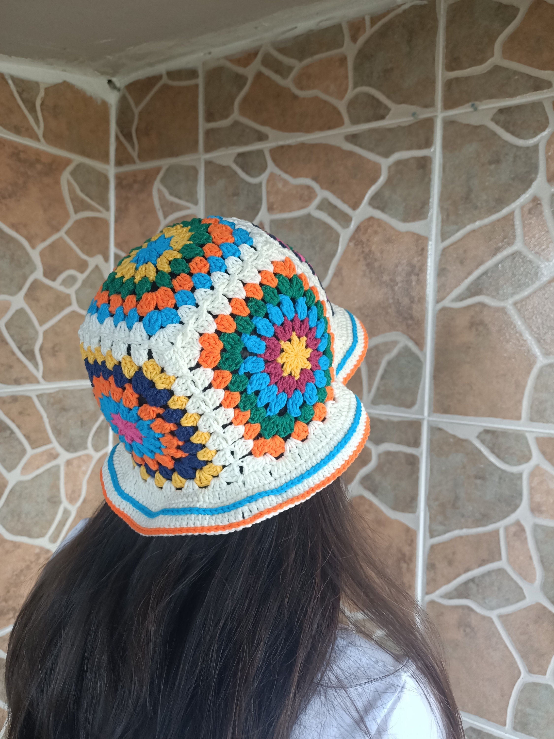 Granny Square Hat Colorful Crochet Bucket Hat, Summer Knit Hat, Cotton ...
