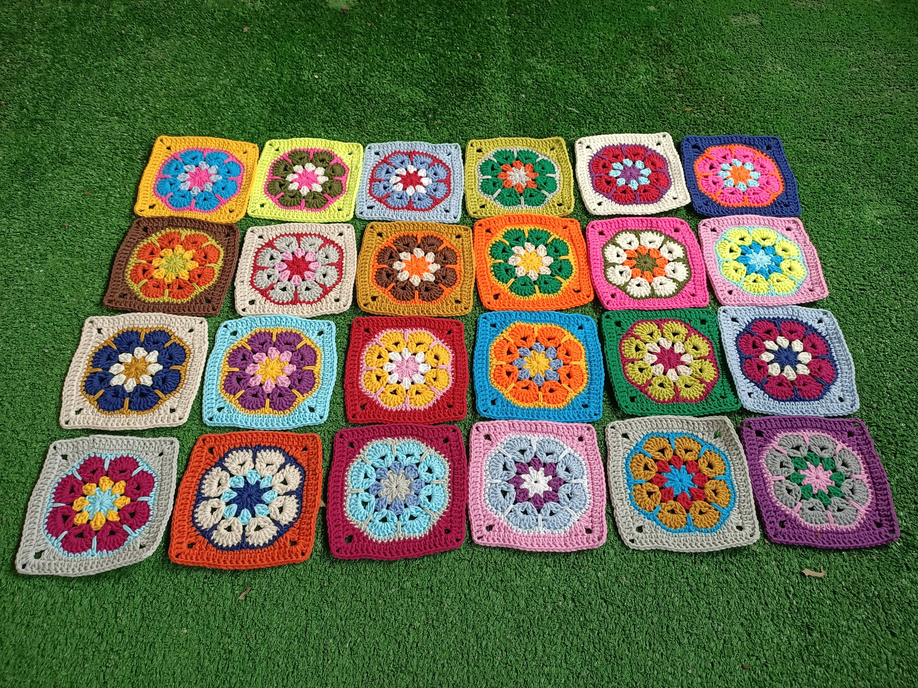 24 African Violet Multicolored Granny Square Set, Crocheted Afgan ...
