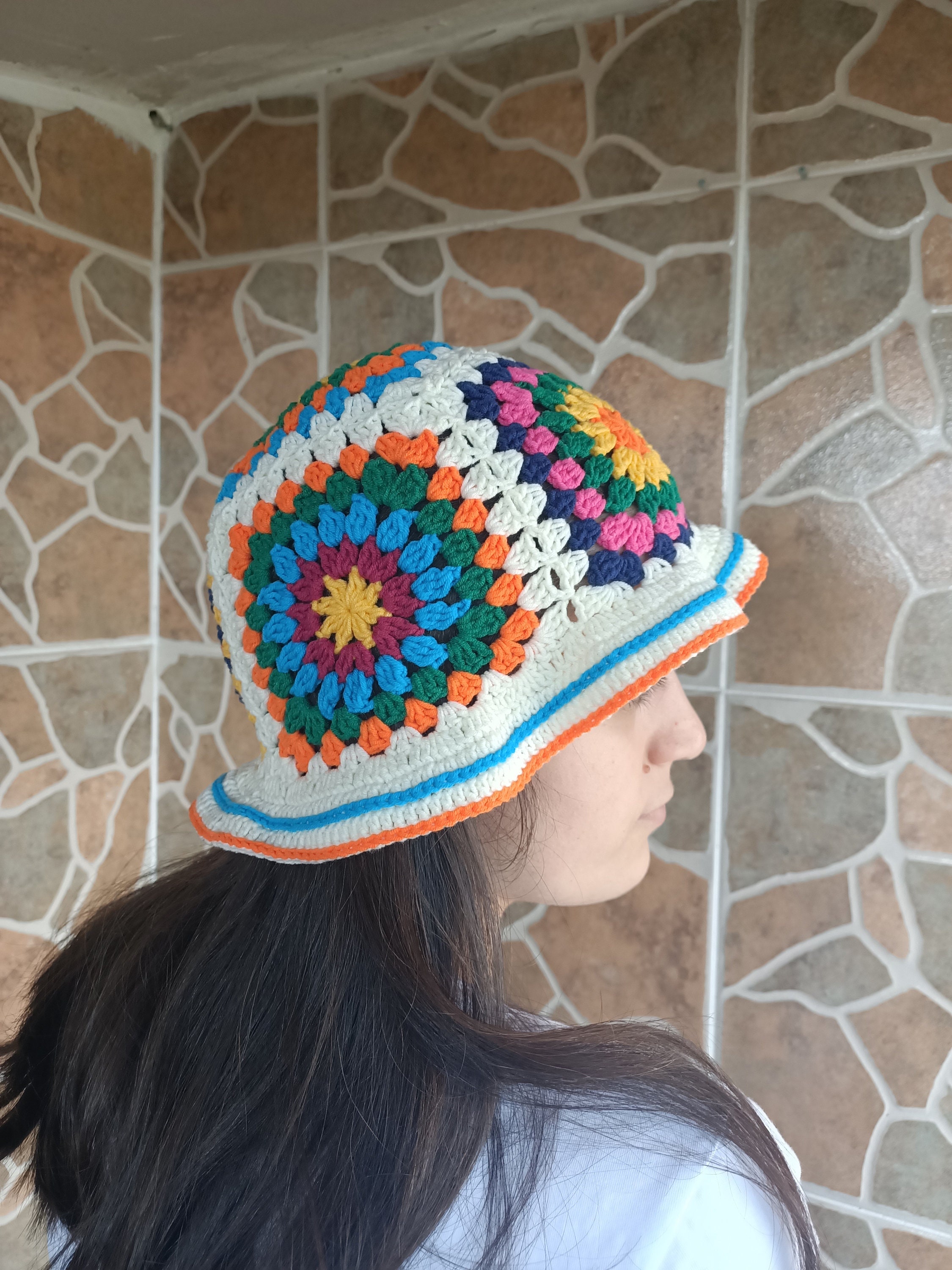 Granny Square Hat Colorful Crochet Bucket Hat Summer Knit - Etsy