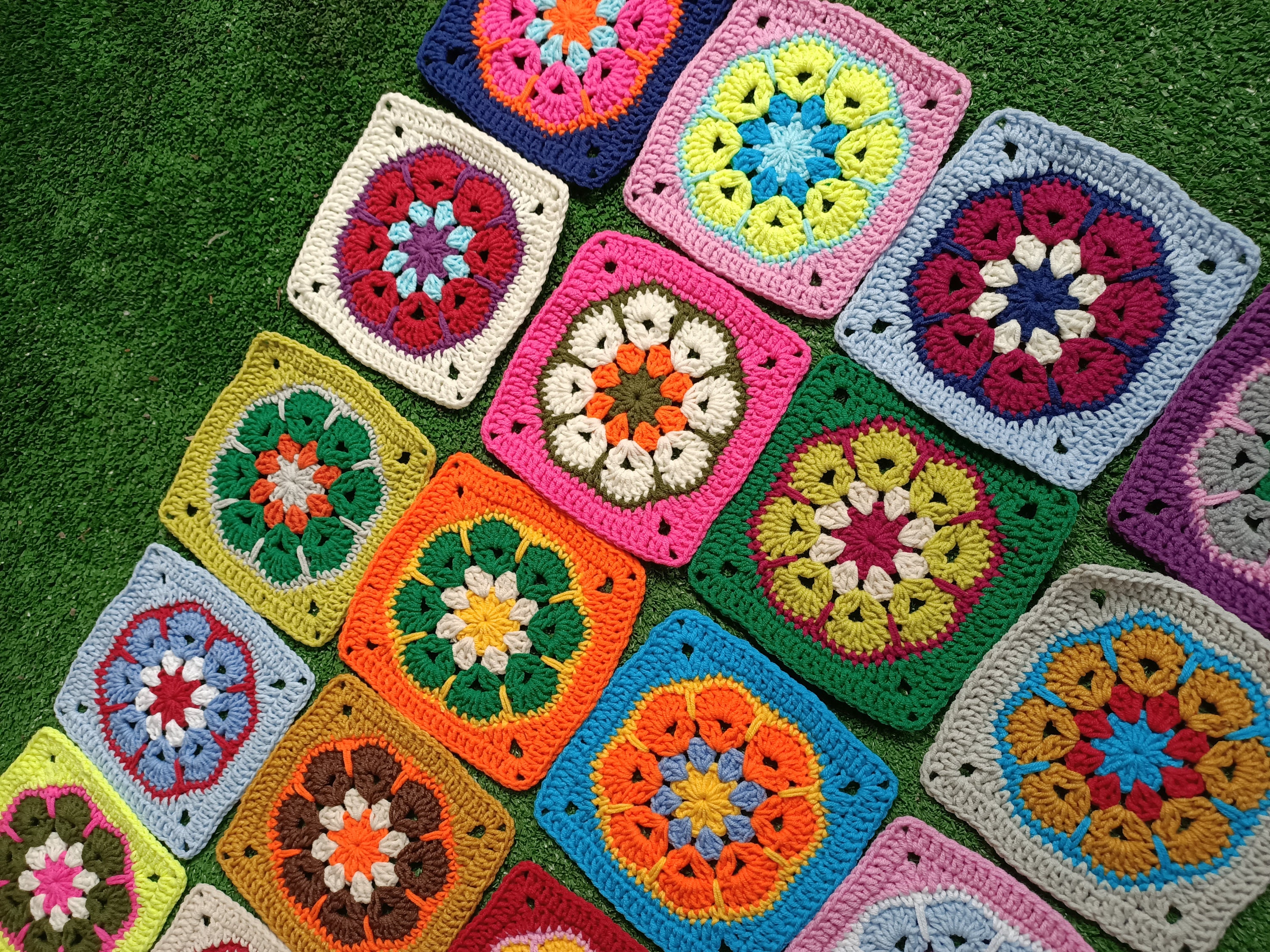 24 African Violet Multicolored Granny Square Set, Crocheted Afgan ...