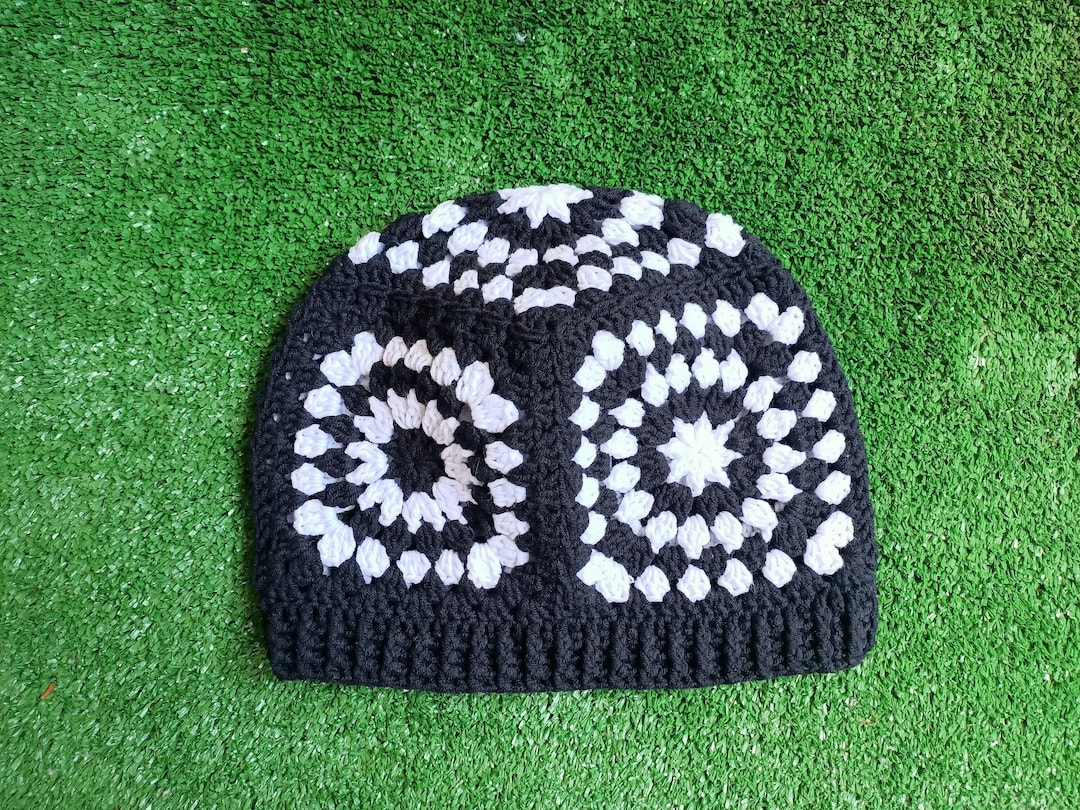 Black Granny Square Beanie, Crochet Fashion Beanie, Handknit Beanie ...
