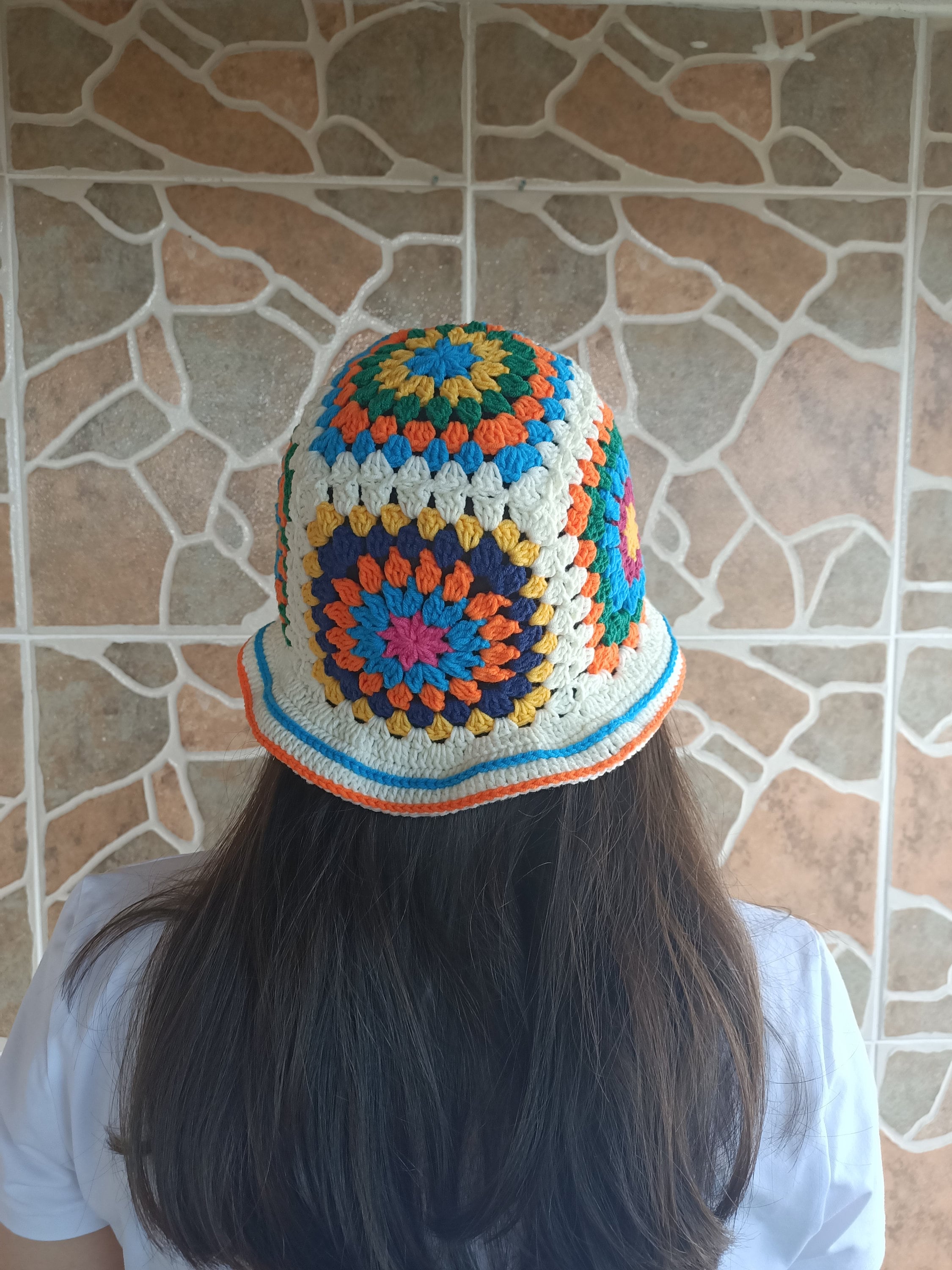 Granny Square Hat Colorful Crochet Bucket Hat, Summer Knit Hat, Cotton ...